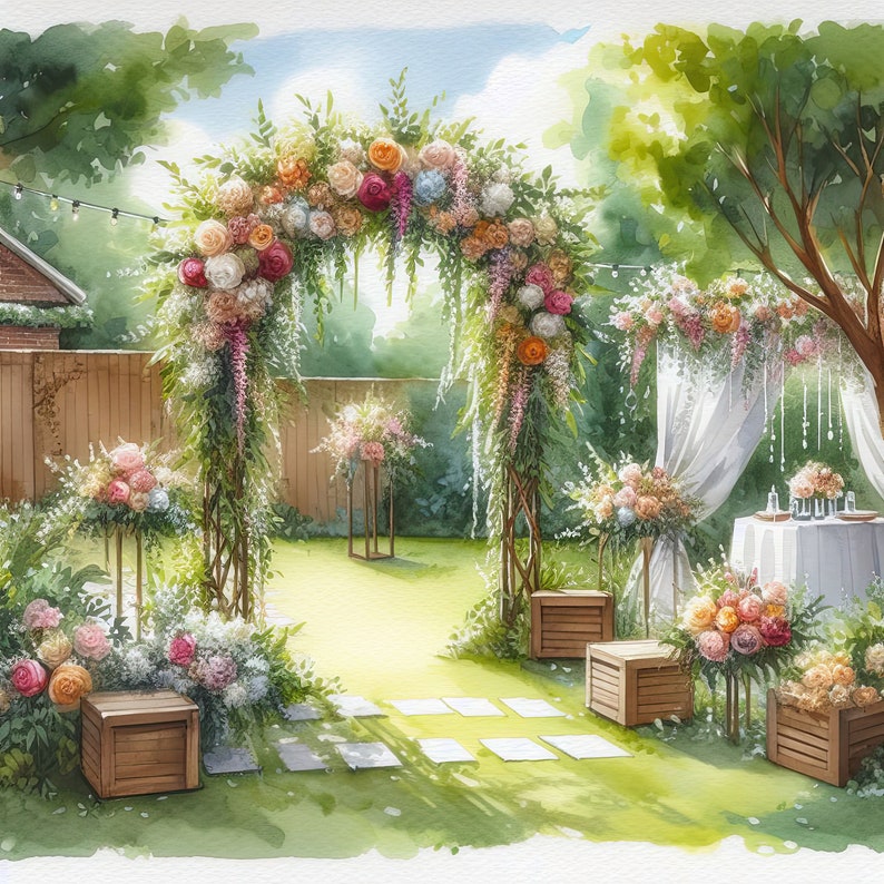 Watercolor Wedding Clipart Bundle Backyard Wedding Clip Art Outdoor ...