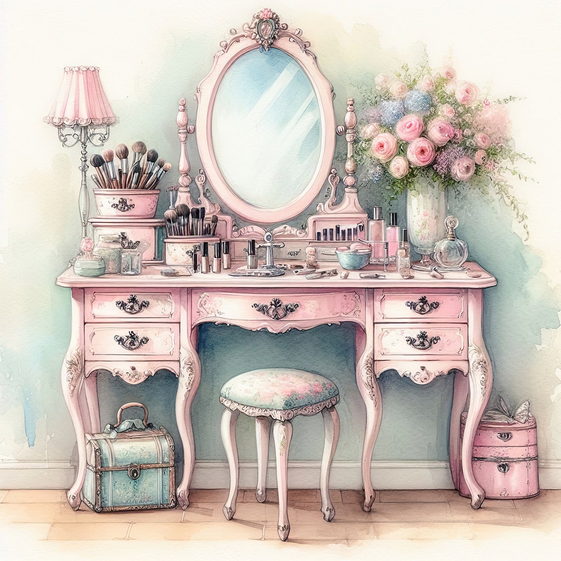 Watercolor Shabby Chic Vanity Dressing Table Clipart Vintage Clip Art ...