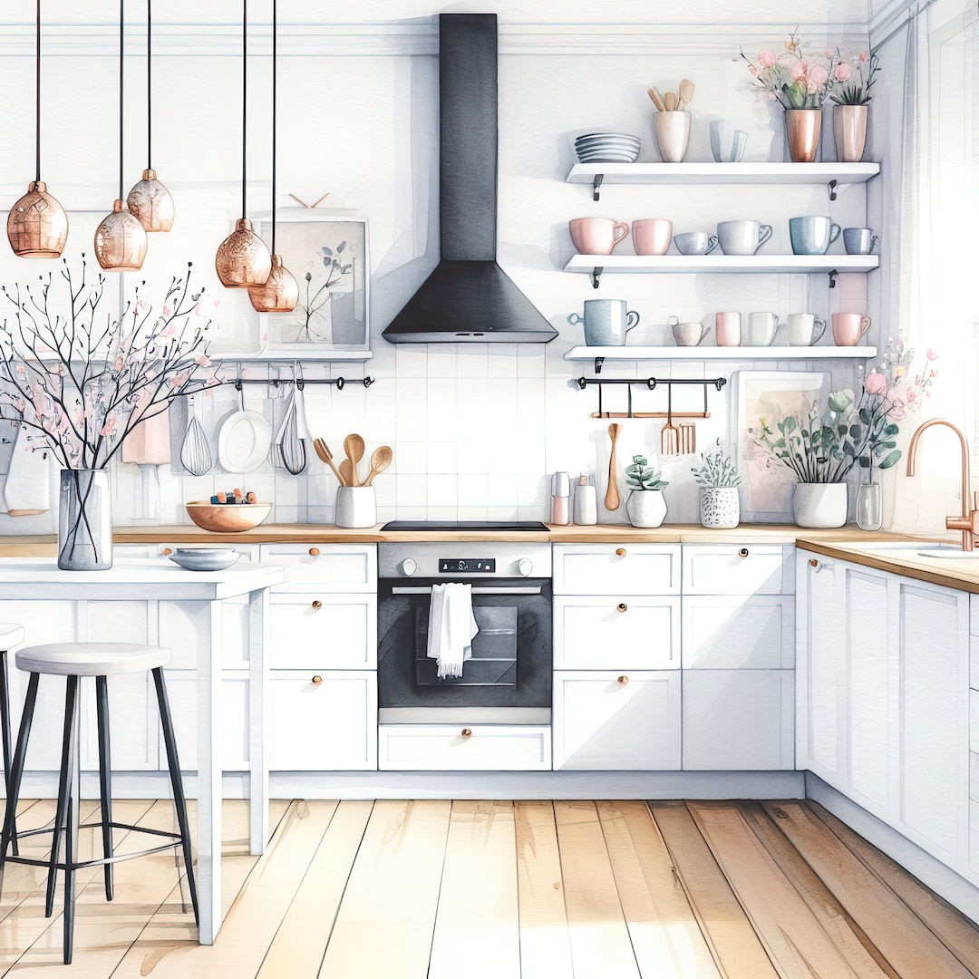 Watercolor Modern Farmhouse Kitchen Clipart Watercolor Cottage Kitchen ...