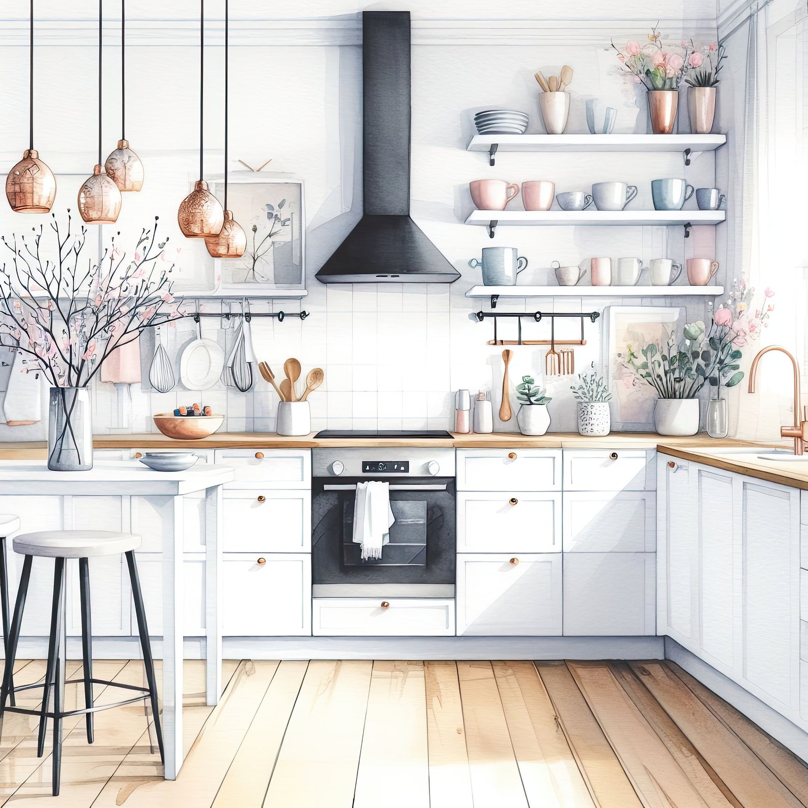 Watercolor Modern Farmhouse Kitchen Clipart Watercolor Cottage Kitchen ...