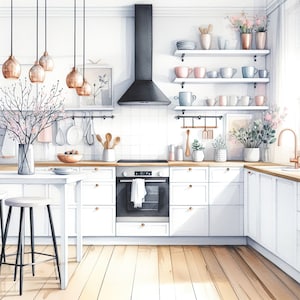 Watercolor Modern Farmhouse Kitchen Clipart Watercolor Cottage Kitchen ...