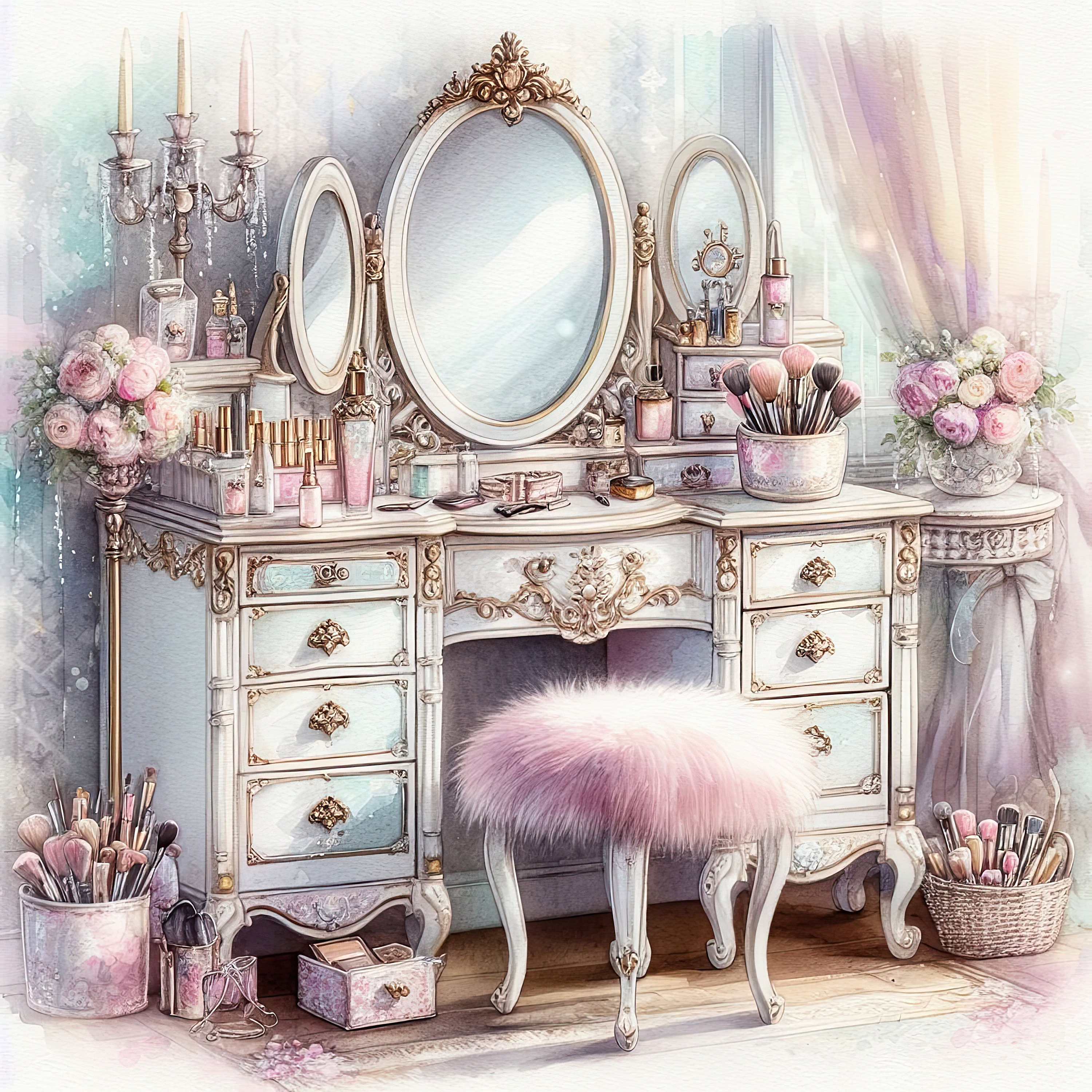 Watercolor Shabby Chic Vanity Dressing Table Clipart Vintage Clip Art ...