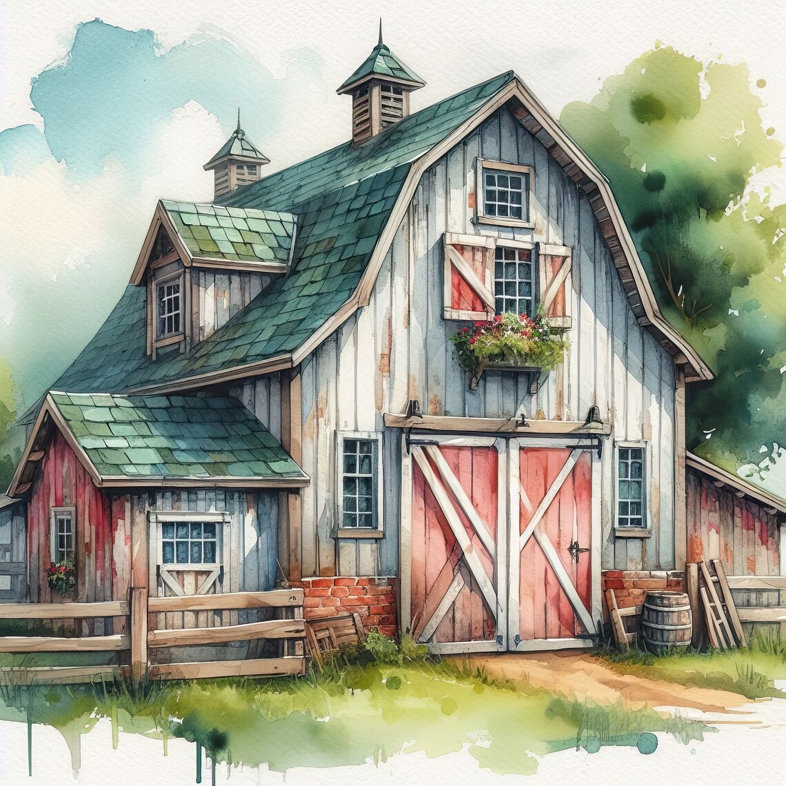 Watercolor Old Rustic Red Barn Clipart Bundle Vintage Clip Art Barn ...