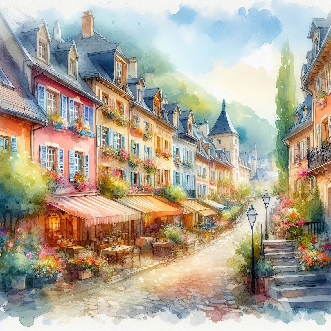 Watercolor French Village Clipart Bundle Vintage Clip Art Coloful House ...