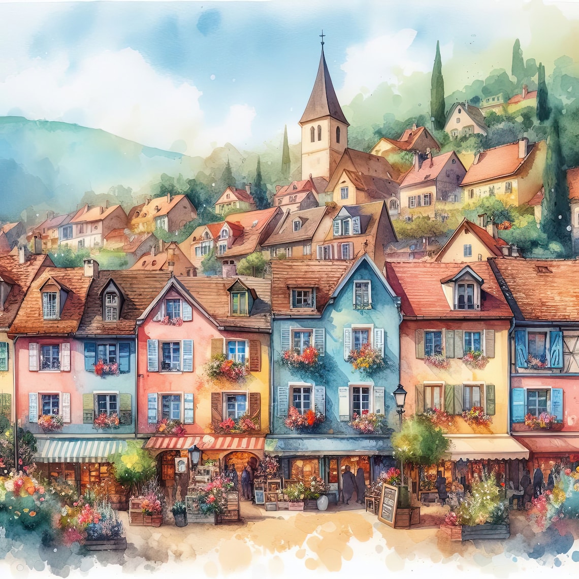 Watercolor French Village Clipart Bundle Vintage Clip Art Coloful House ...