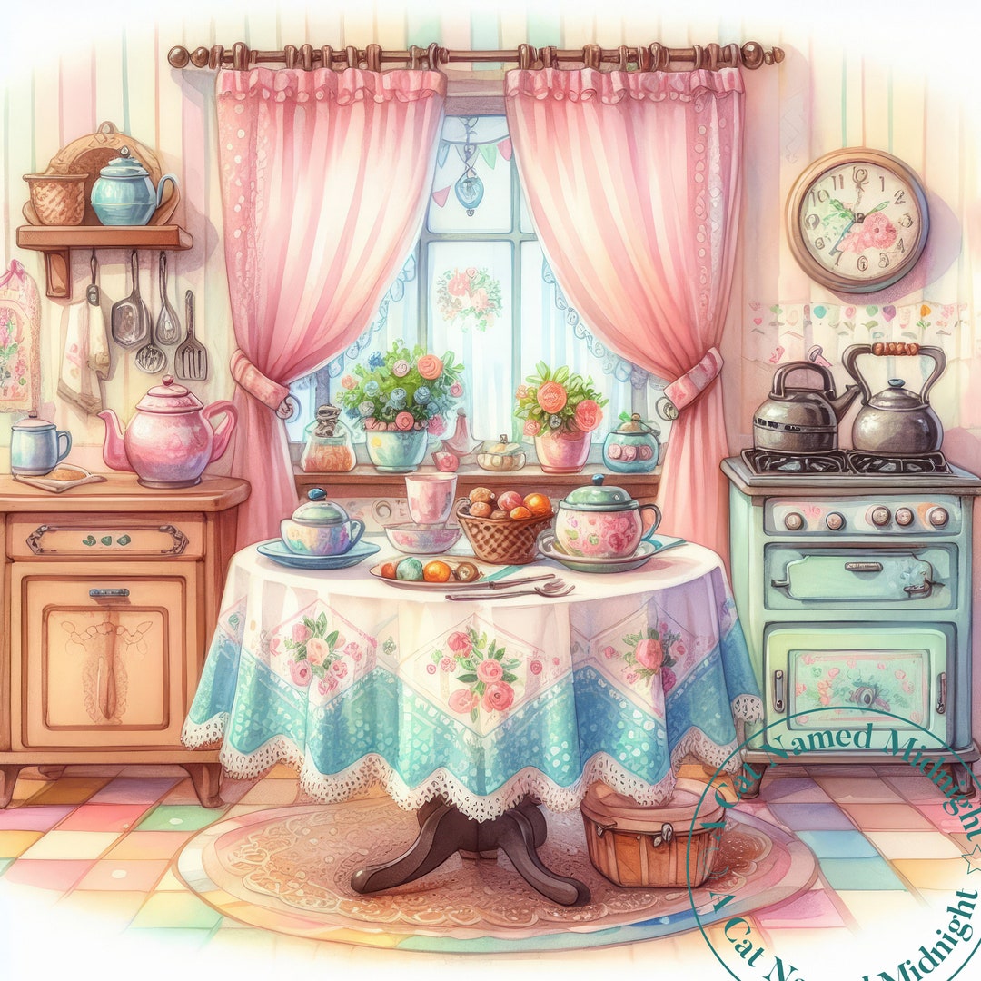 Watercolor Cute Retro Kitchen Clipart Shabby Chic Kitchen Vintage Clip ...