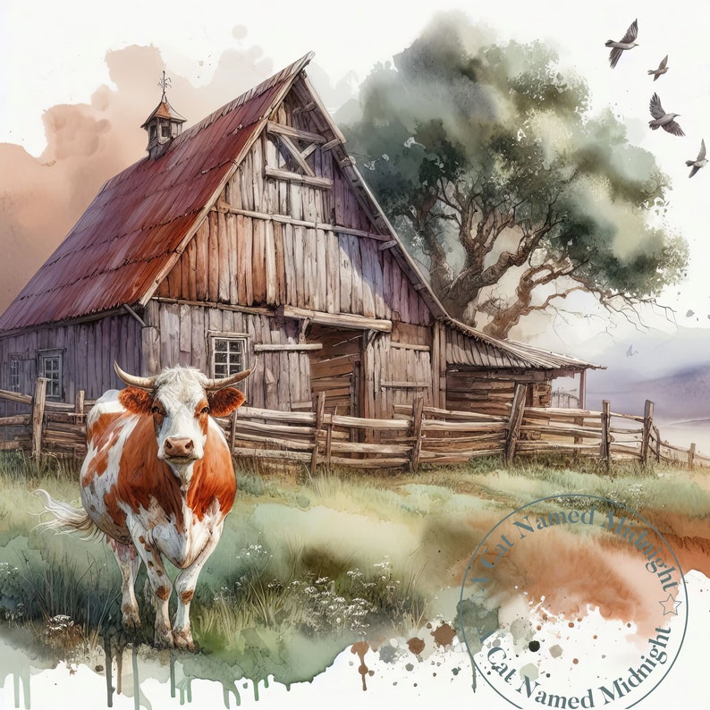 10 Watercolor Old Barn and Cow Clipart Bundle Vintage Clip Art Rustic ...