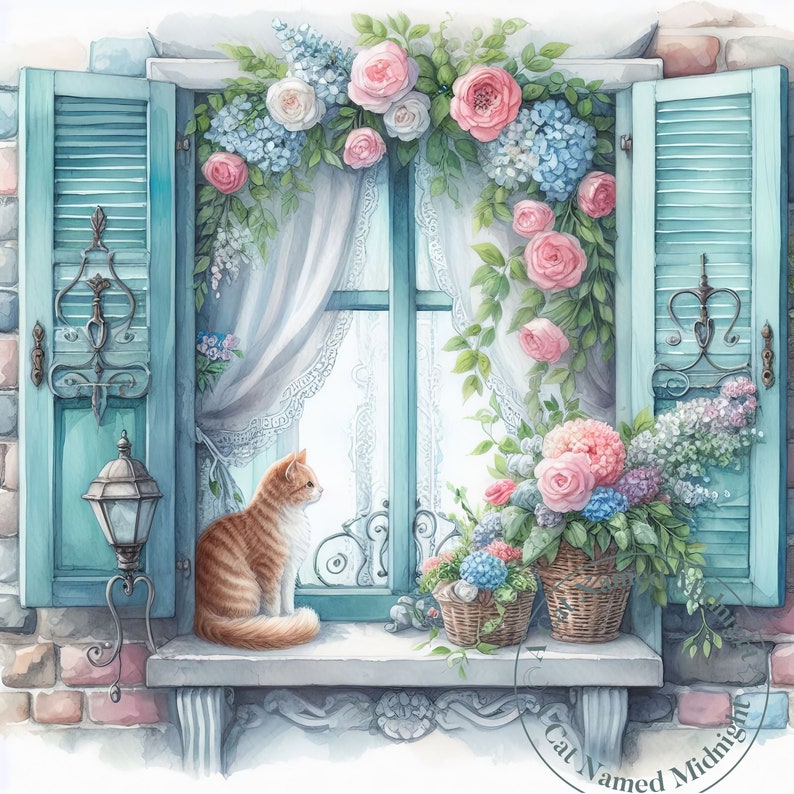 10 Watercolor Cat Clipart Shabby Chic Windows Clip Art Cat Images ...