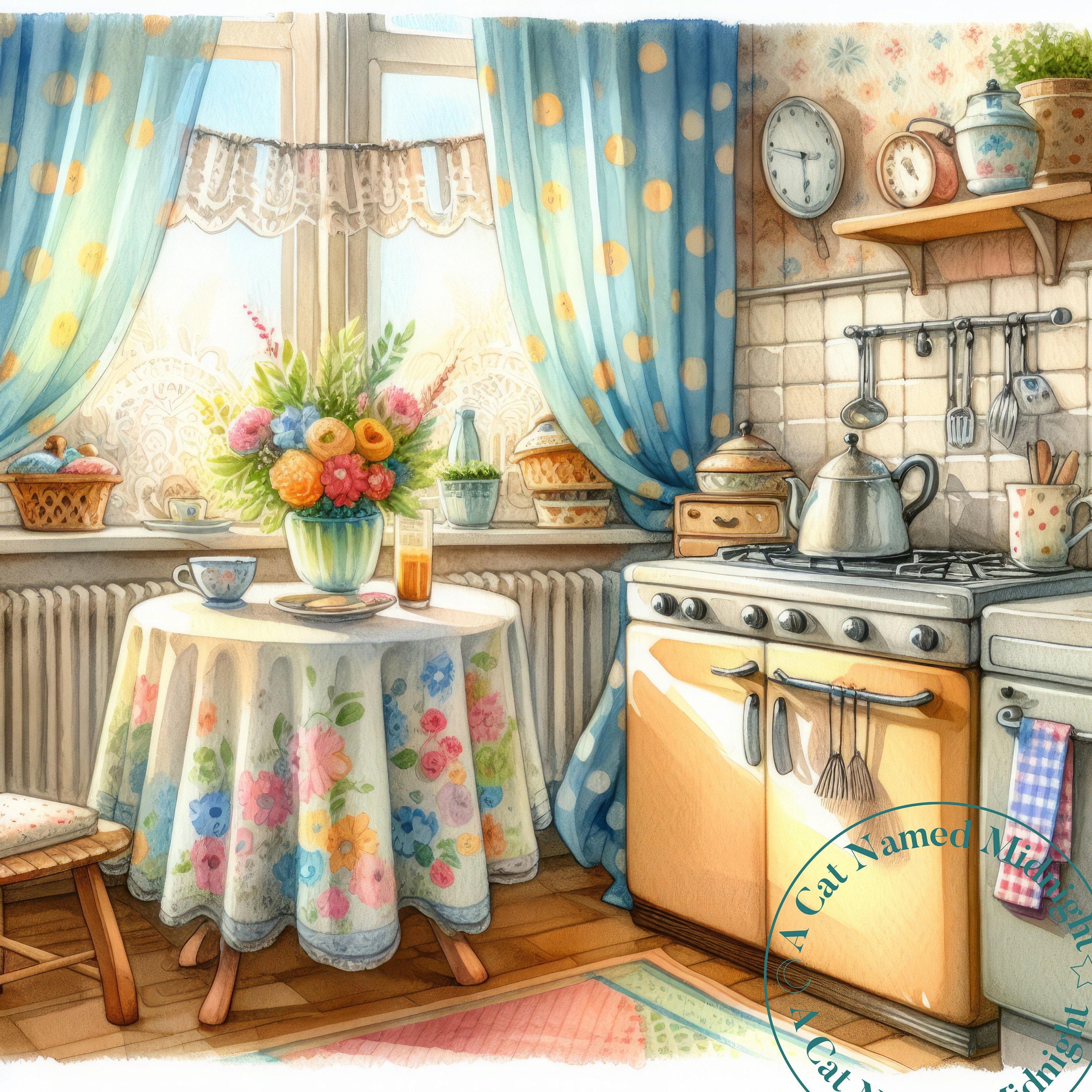 Watercolor Cute Retro Kitchen Clipart Shabby Chic Kitchen Vintage Clip ...