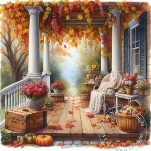 10 Autumn Shabby Chic Porch Clipart Vintage Fall Clip Art Watercolor ...
