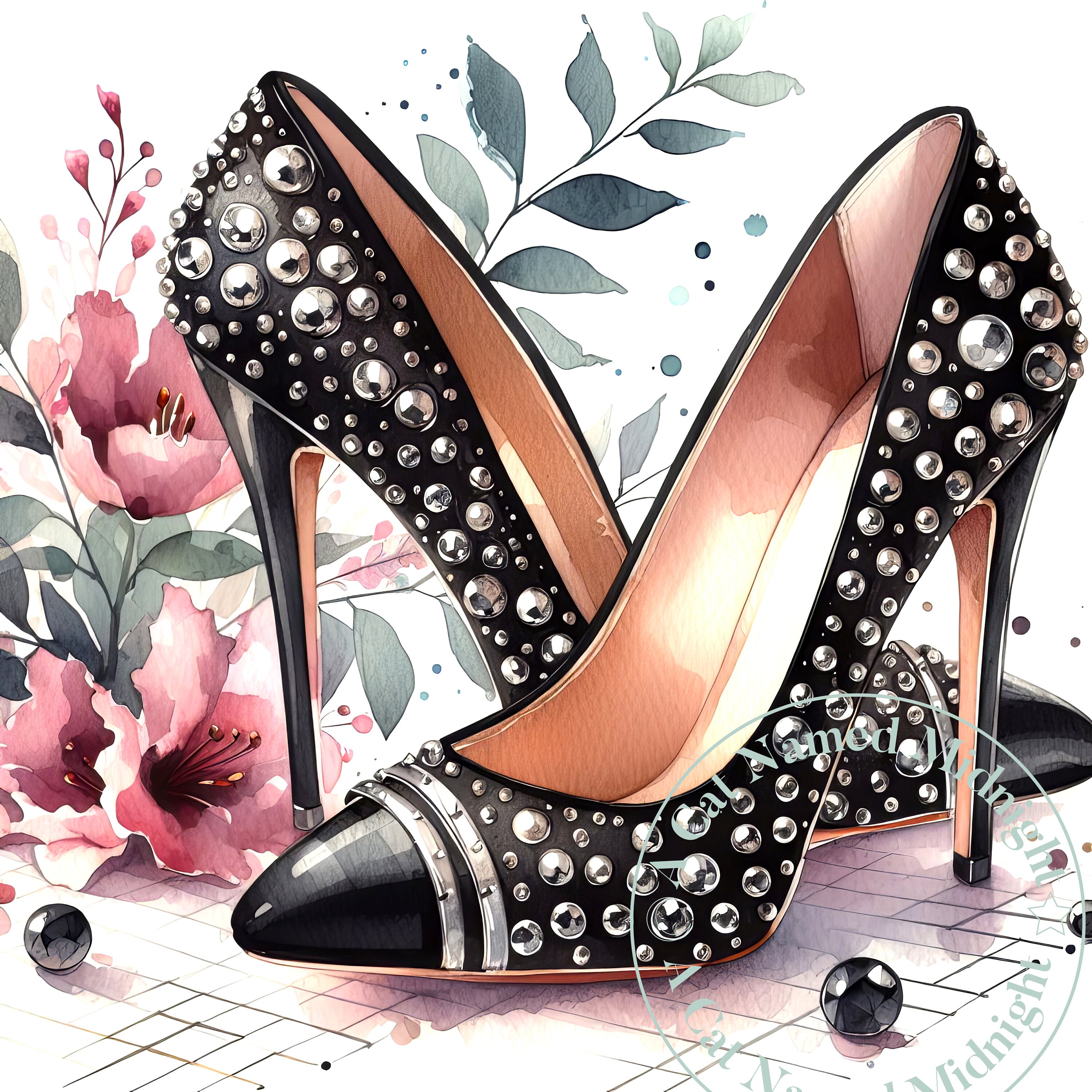 10 Watercolor Black and Silver High Heels Clipart Bundle High Heels ...