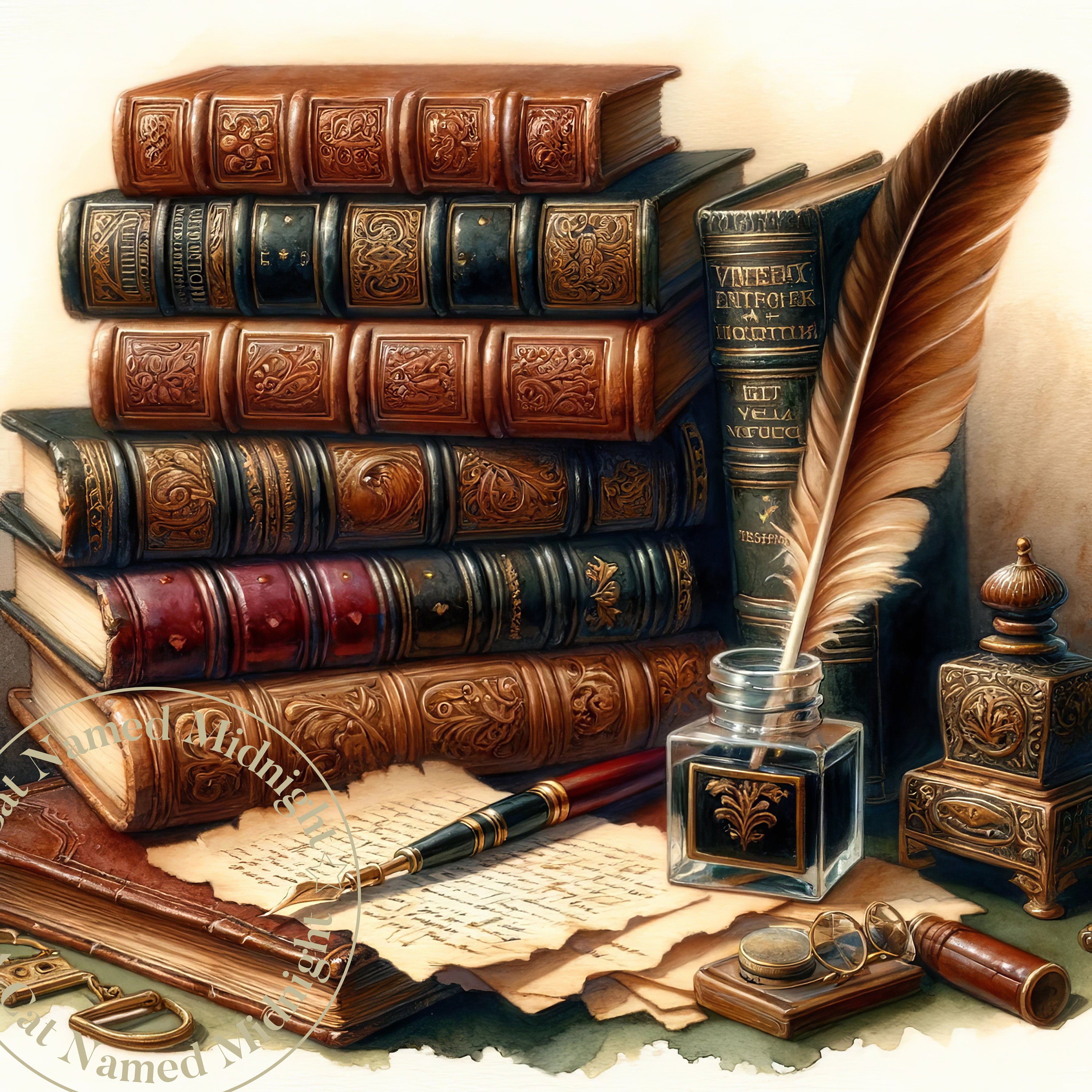 10 Vintage Leather Books Clipart Watercolor Book Lover Clip Art Antique ...
