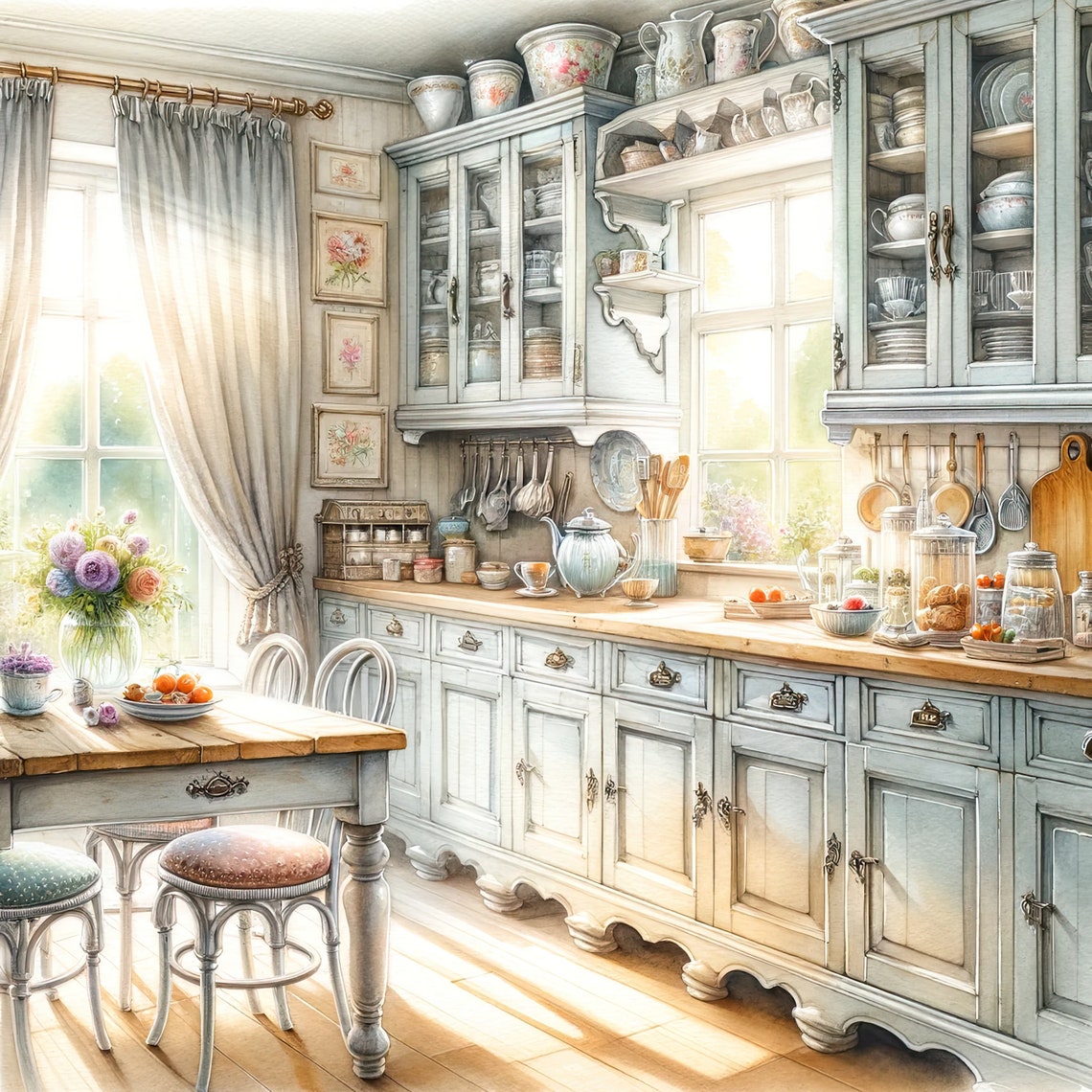 Watercolor Farmhouse Kitchen Clipart Watercolor Cottage Kitchen Clip ...