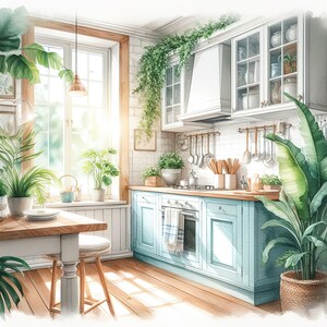 Watercolor Beach Cottage Kitchen Clipart Watercolor Kitchen Vintage ...