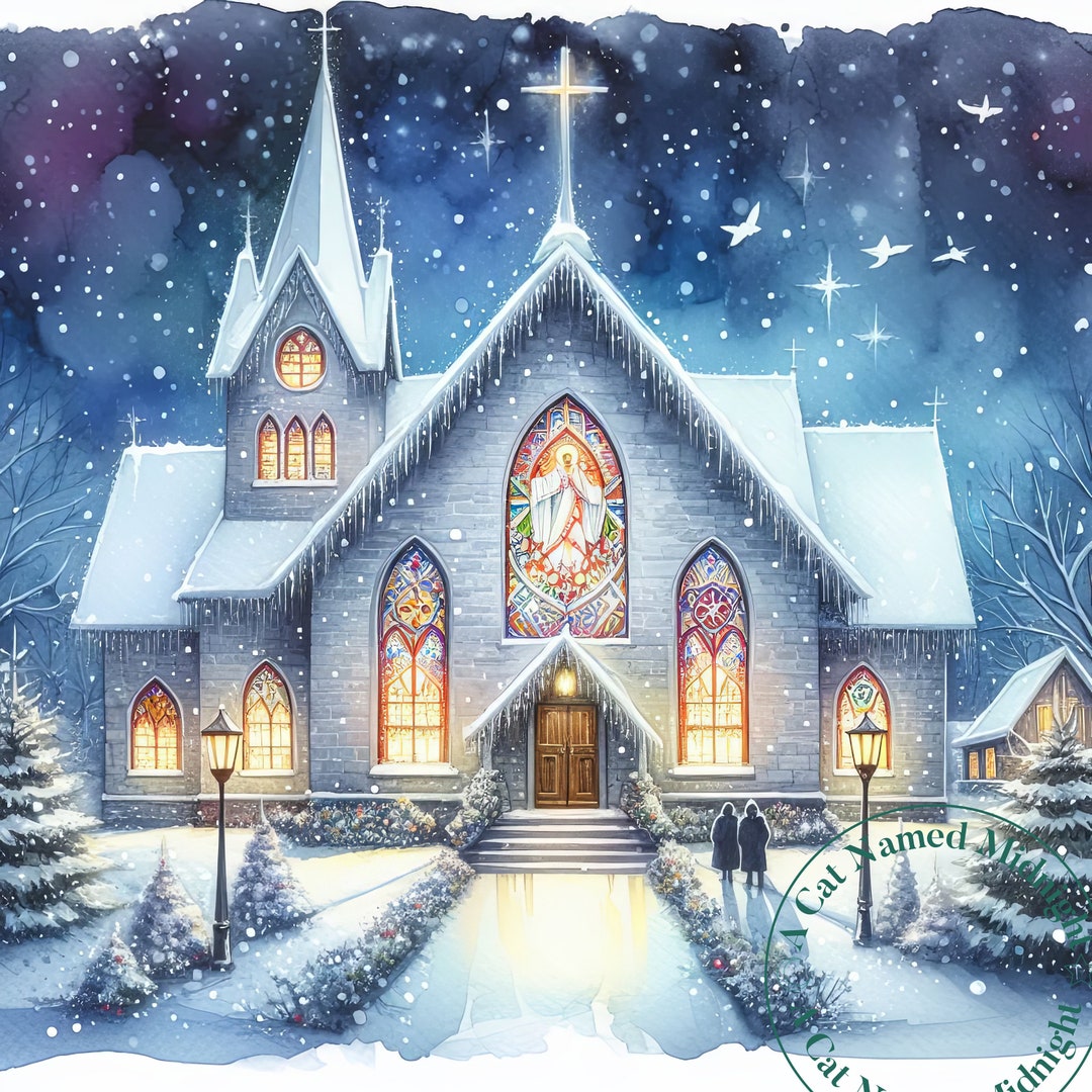 Watercolor Country Church Winter Snow Clipart Bundle Vintage Clip Art ...