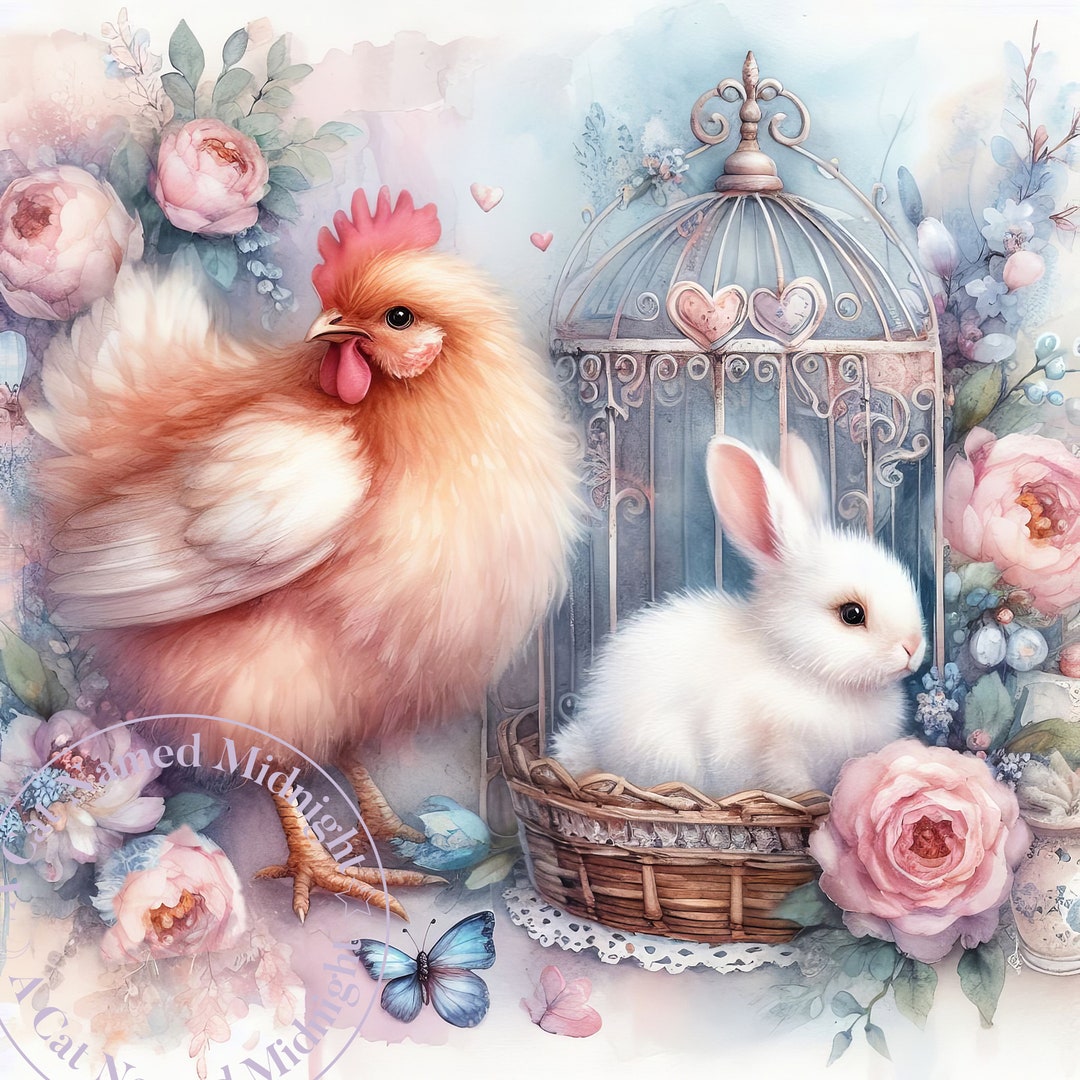 10 Watercolor Chicken and Bunny Clipart Chicken Clip Art Easter Farm ...