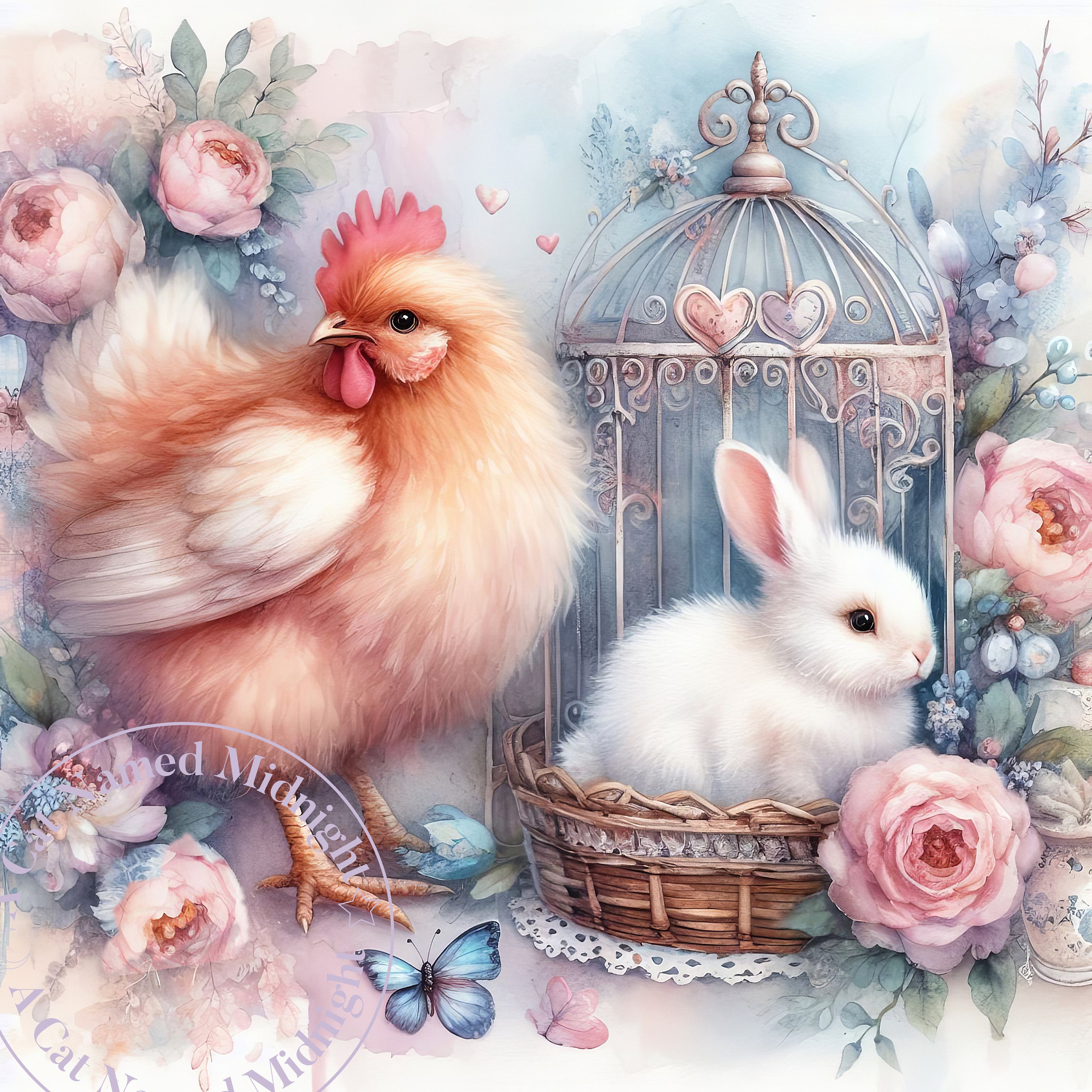 10 Watercolor Chicken and Bunny Clipart Chicken Clip Art Easter Farm ...