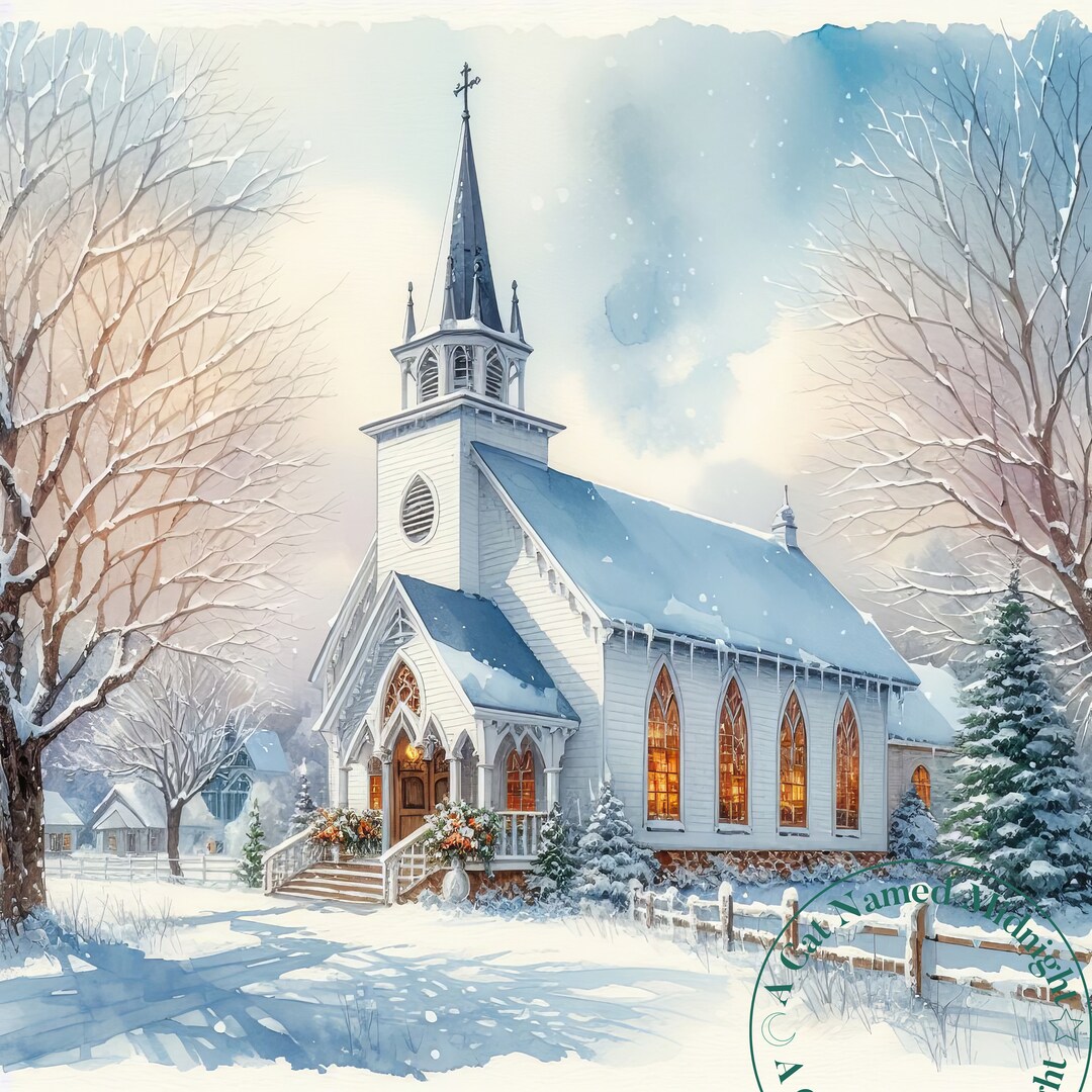 Watercolor Country Church Winter Snow Clipart Bundle Vintage Clip Art ...