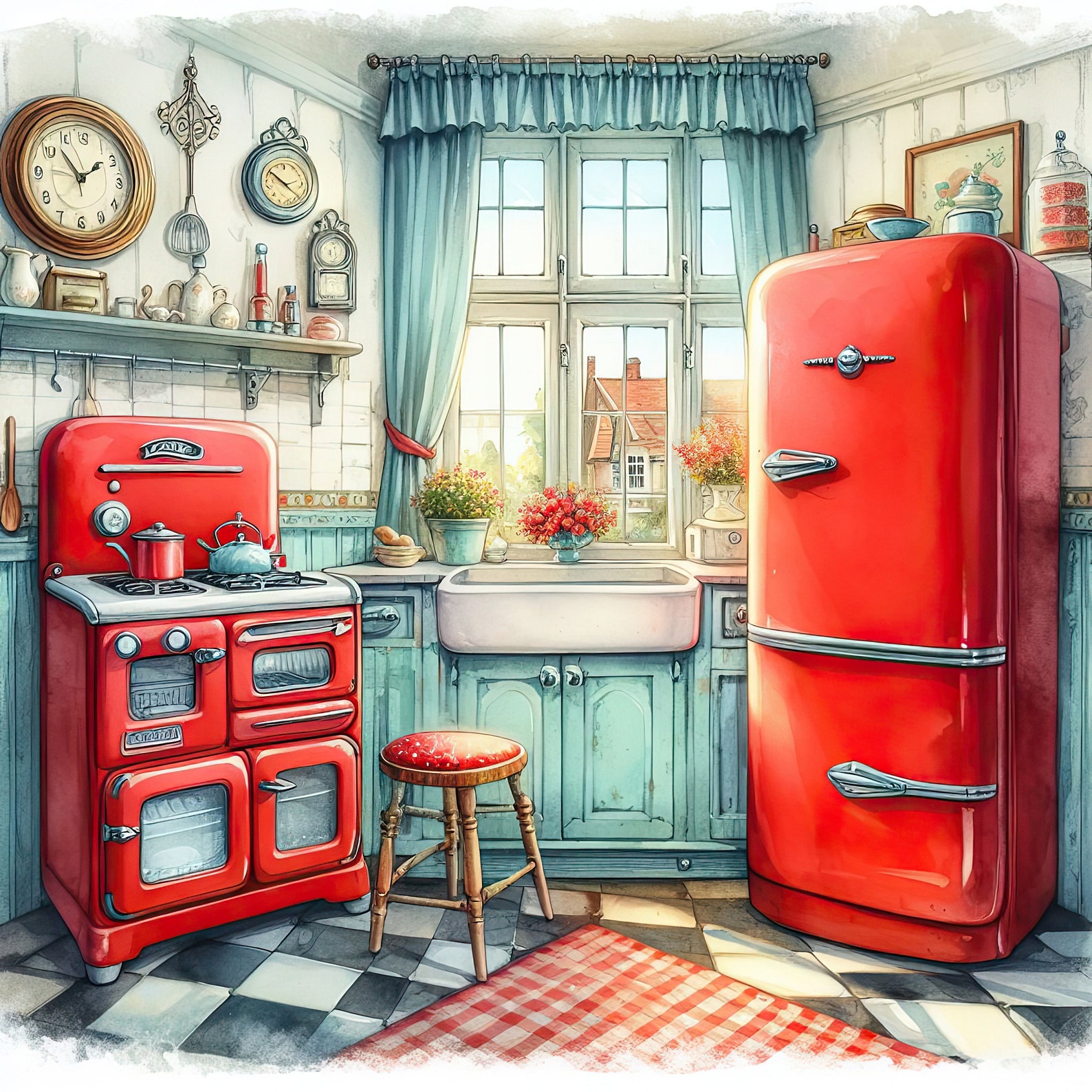 Watercolor Retro Red Kitchen Clipart Vintage Kitchen Clip Art ...
