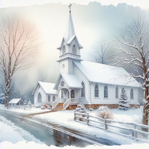 10 Winter Country Church Clipart Bundle Watercolor Vintage Clip Art ...