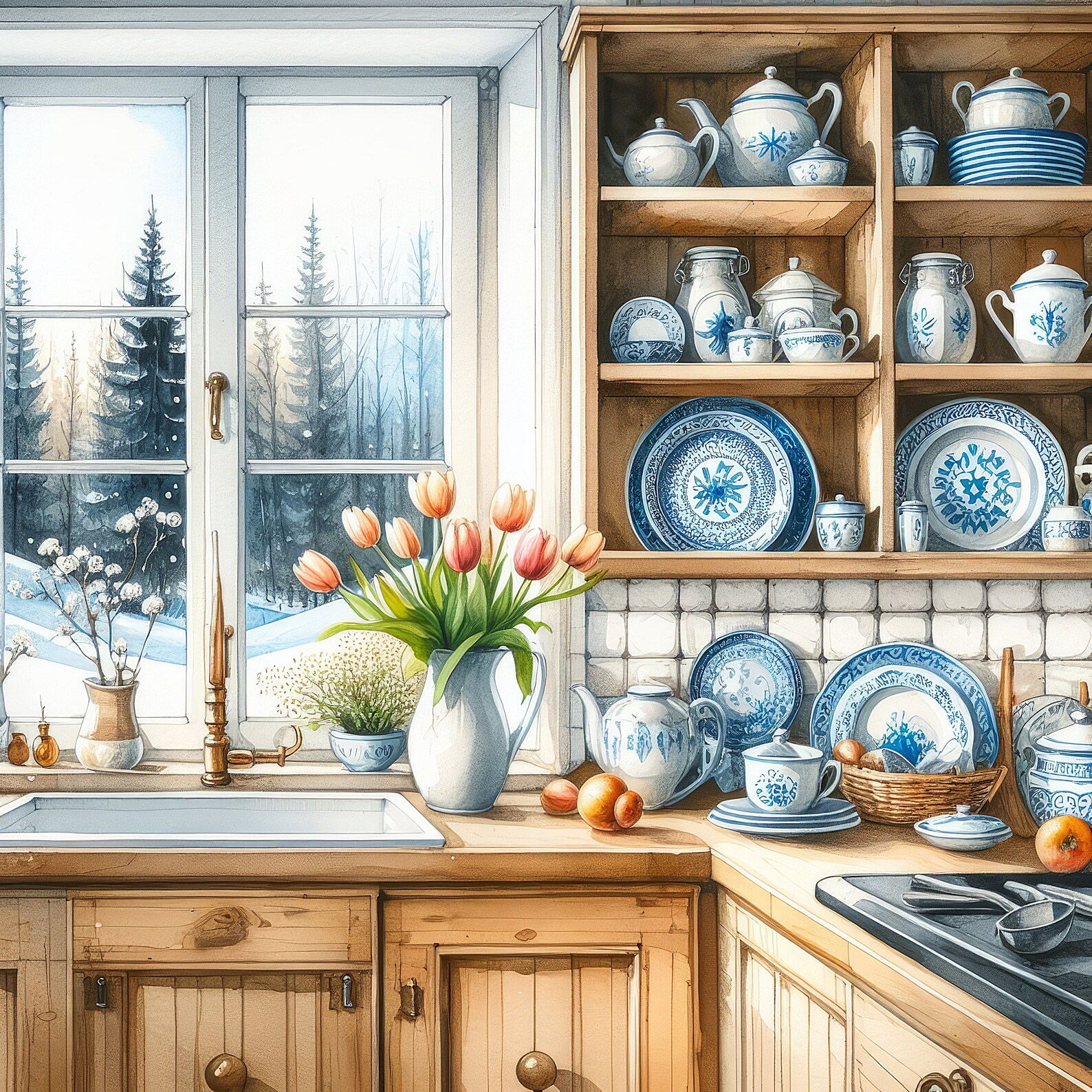 Watercolor Farmhouse Kitchen Clipart Watercolor Cottage Kitchen Clip ...