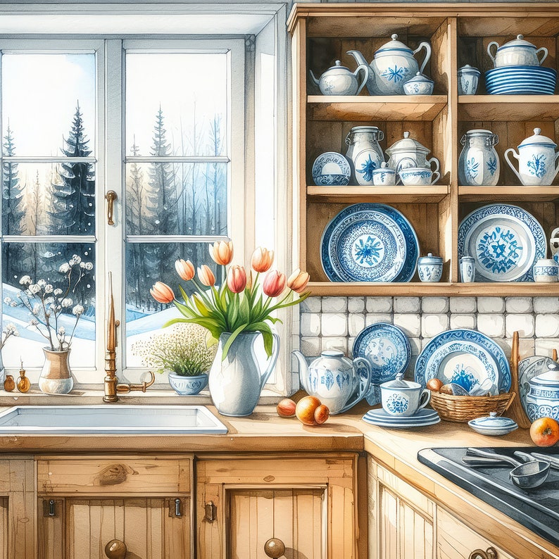 Watercolor Farmhouse Kitchen Clipart Watercolor Cottage Kitchen Clip ...