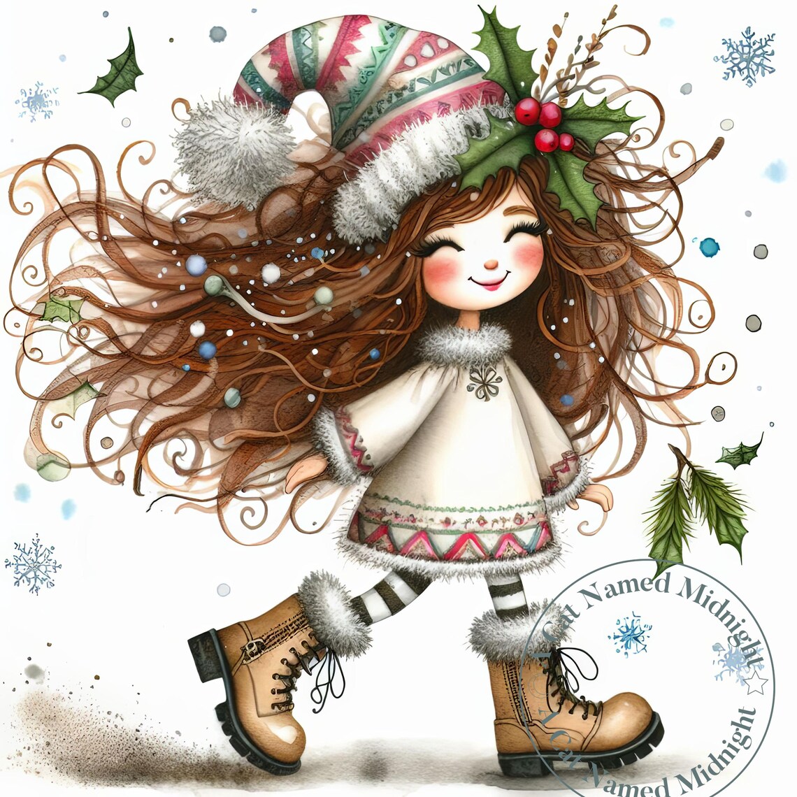 Quirky Christmas Girl Clipart 12 JPG Whimsical Girl Watercolor Clipart ...