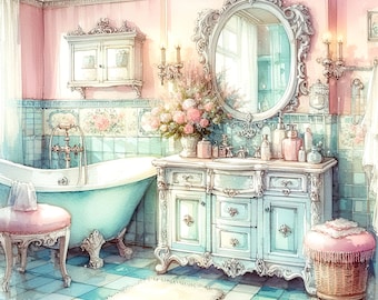 Watercolor Shabby Chic Bedroom Clipart Vintage Clip Art Watercolor ...