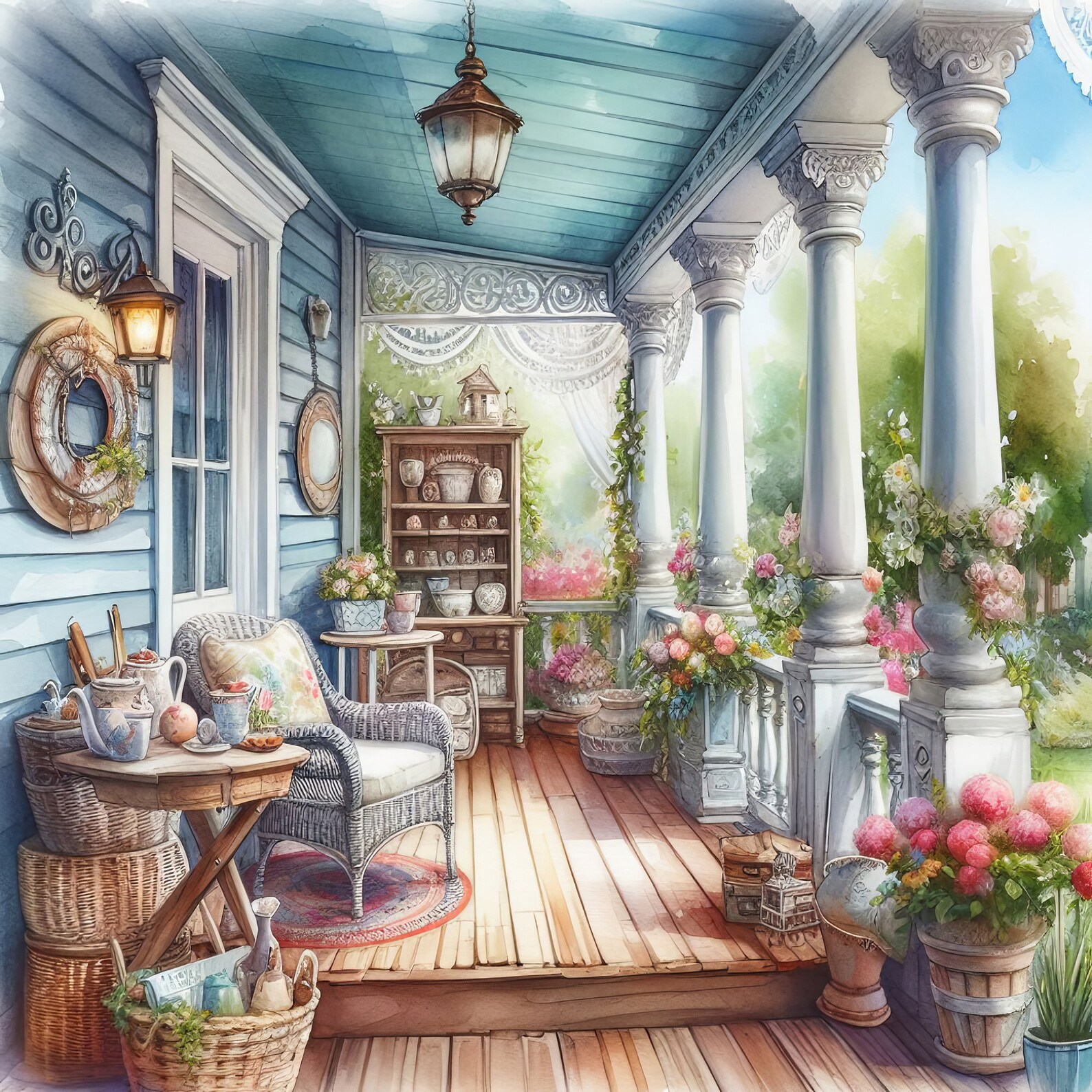 Watercolor Shabby Chic Porch Clipart Vintage Clip Art Watercolor ...