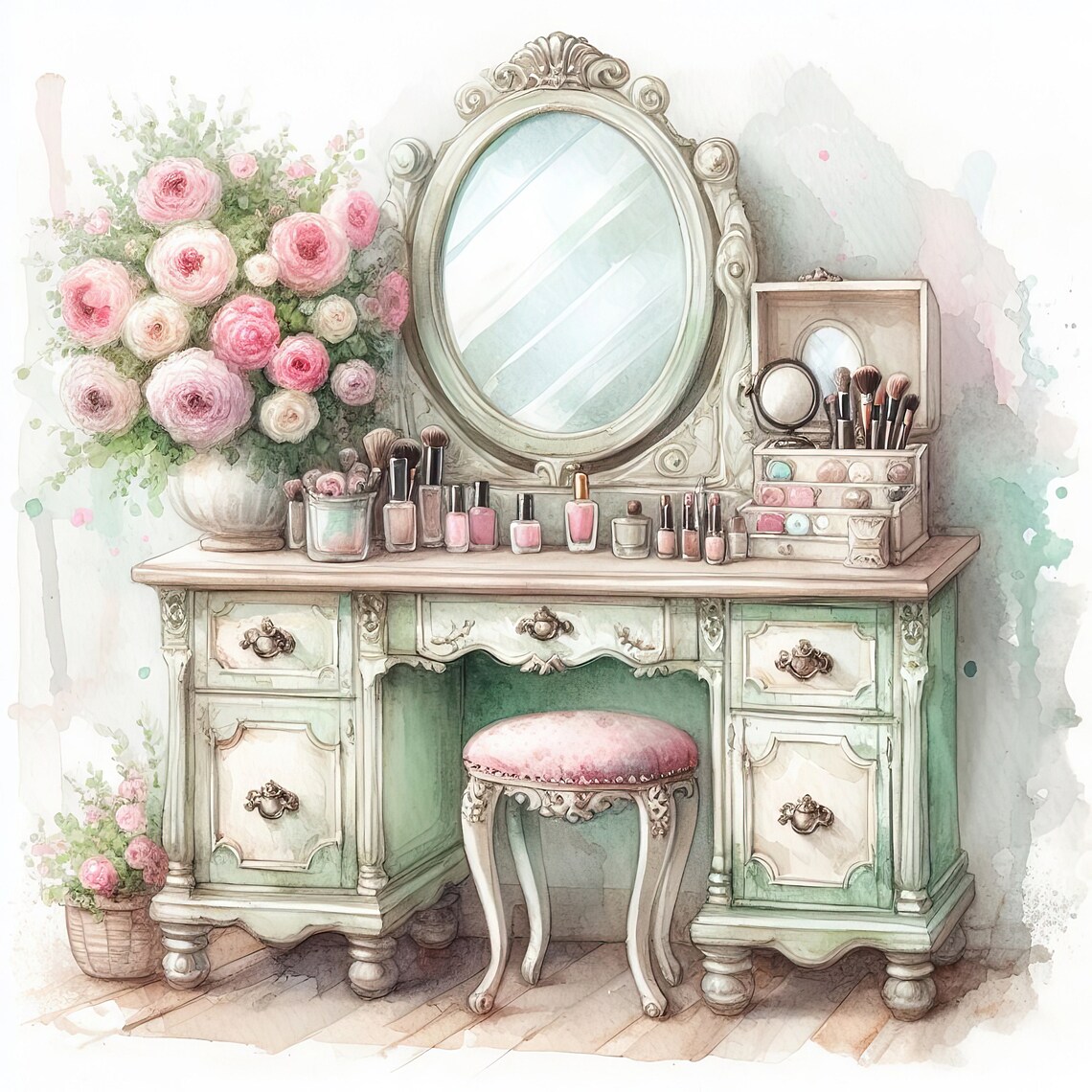Watercolor Shabby Chic Vanity Dressing Table Clipart Vintage Clip Art ...
