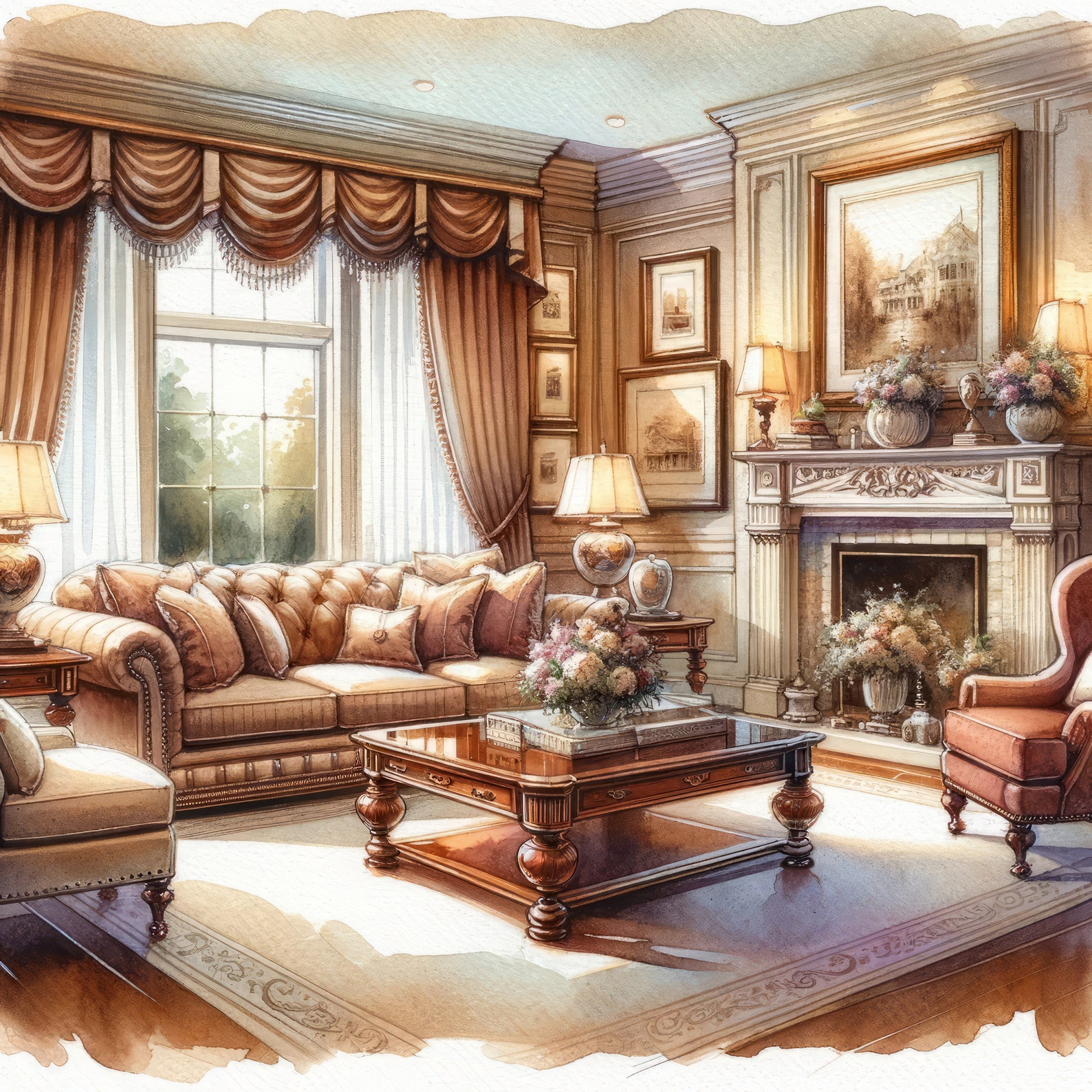 10 Traditional Living Room Clipart Watercolor JPG Images House Clip Art ...