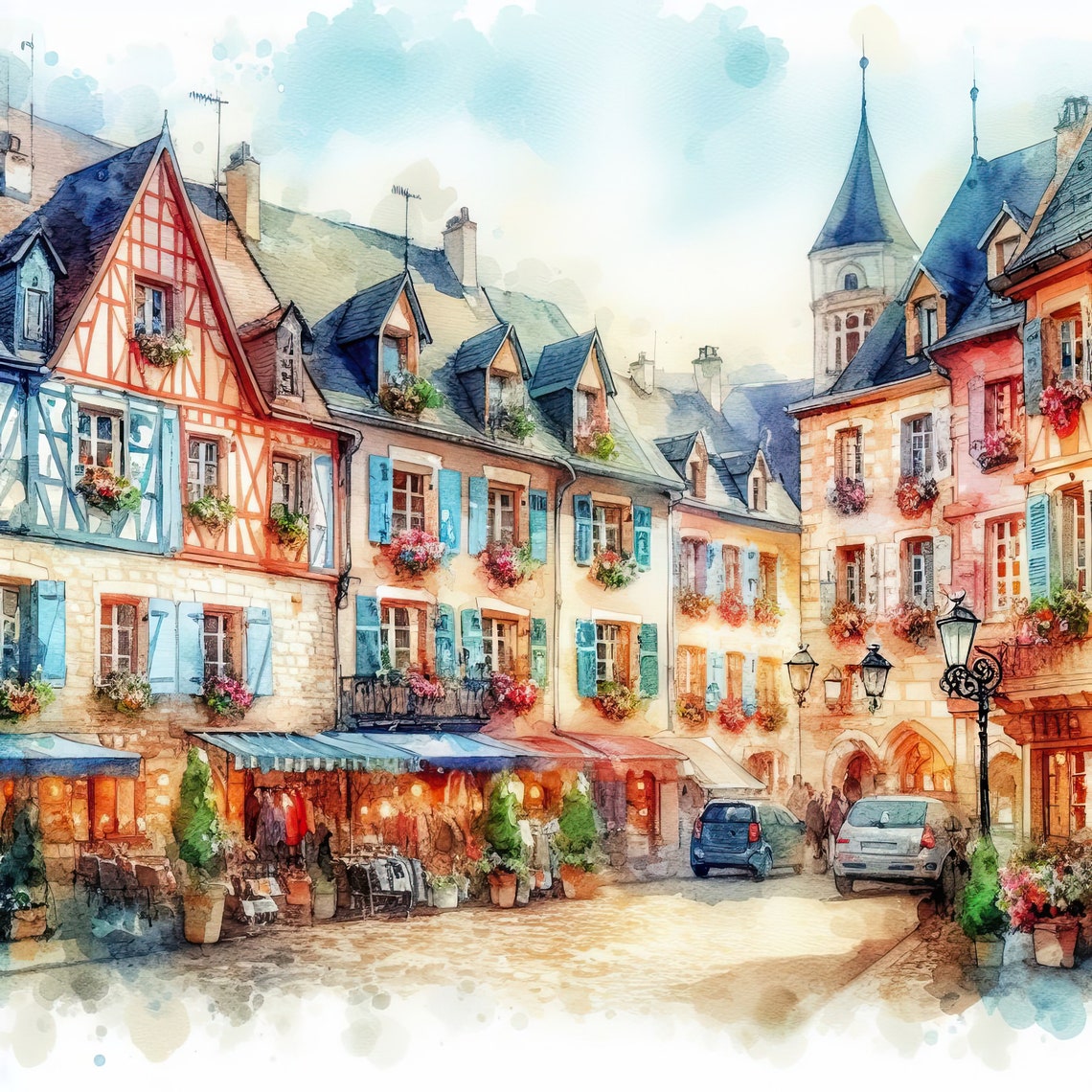 Watercolor French Village Clipart Bundle Vintage Clip Art Coloful House ...