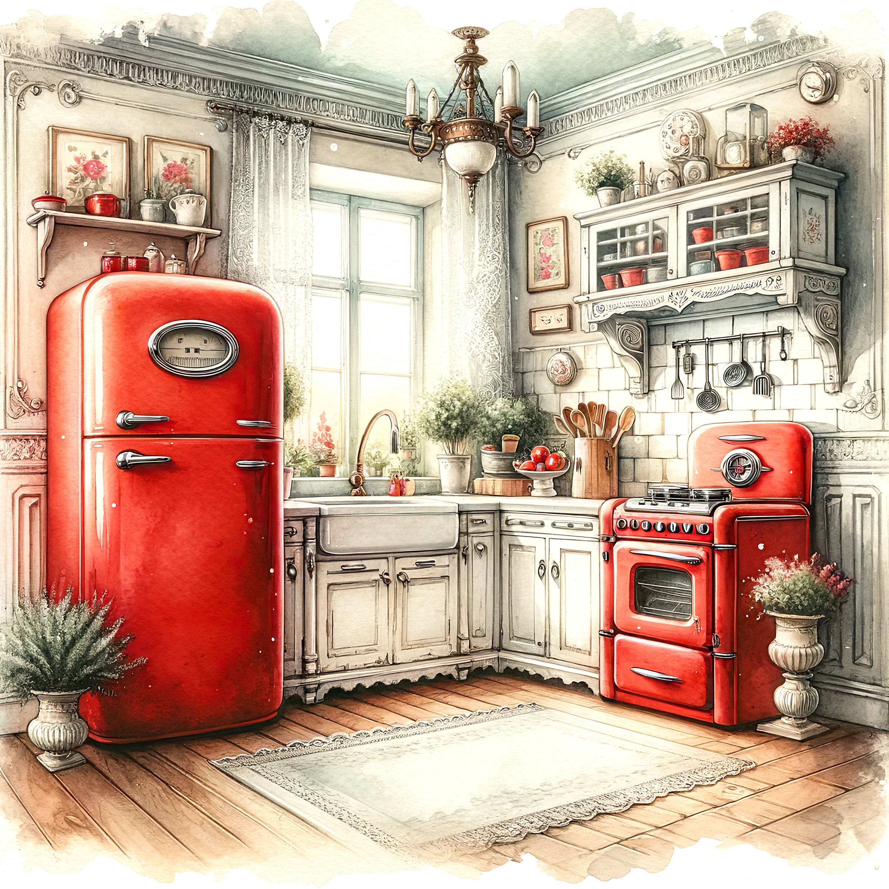 Watercolor Retro Red Kitchen Clipart Vintage Kitchen Clip Art ...