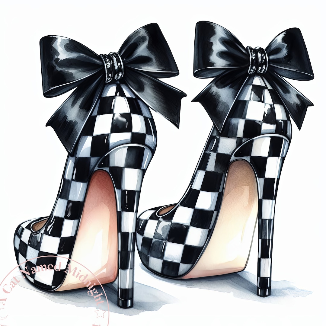 10 Black and White Checkered High Heels Clipart Bundle Watercolor High ...