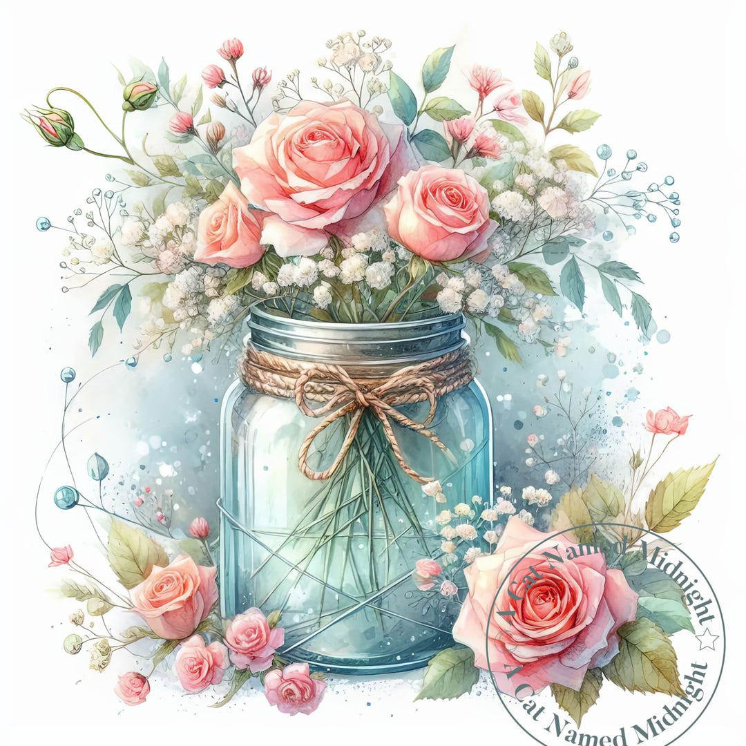 Roses in Mason Jars Clipart 10 JPG Shabby Chic Rose Clip Art Floral ...