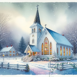 Watercolor Country Church Winter Snow Clipart Bundle Vintage Clip Art ...