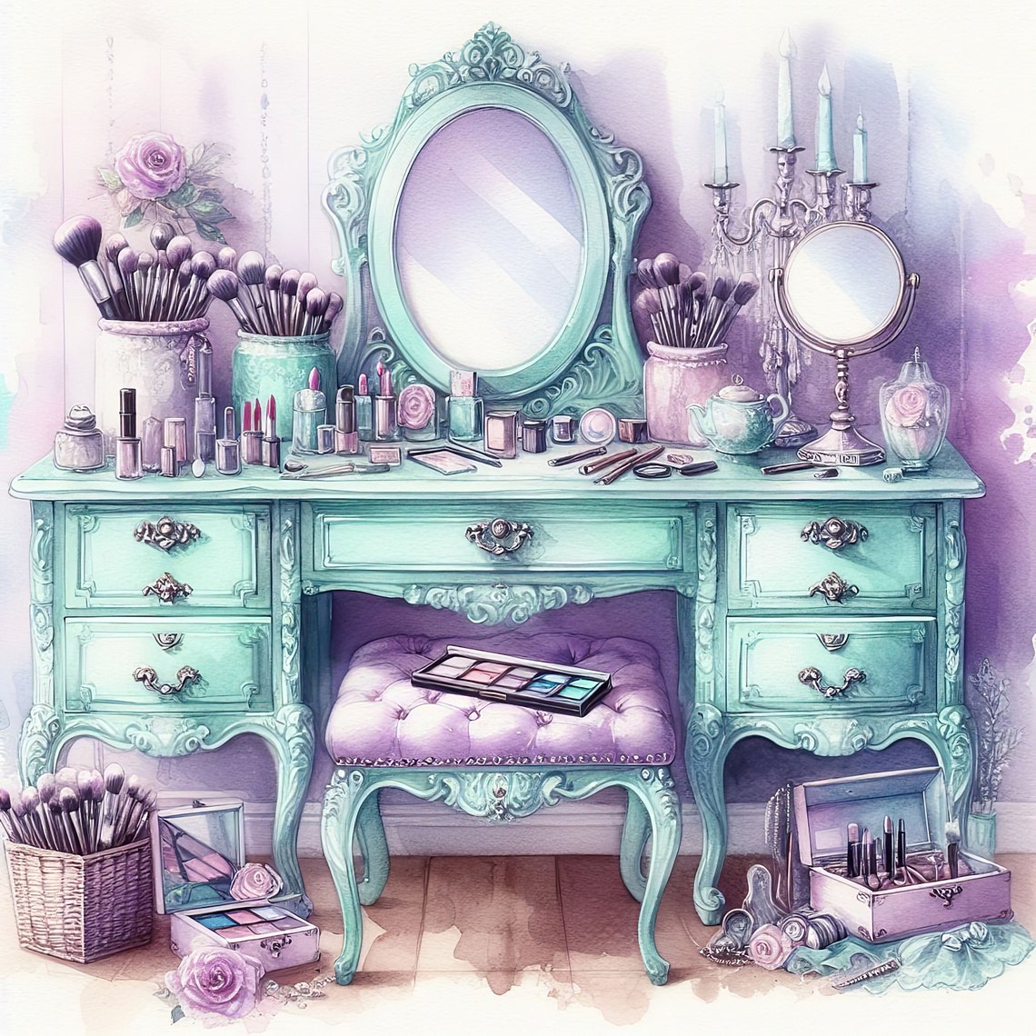 Watercolor Shabby Chic Vanity Dressing Table Clipart Vintage Clip Art ...