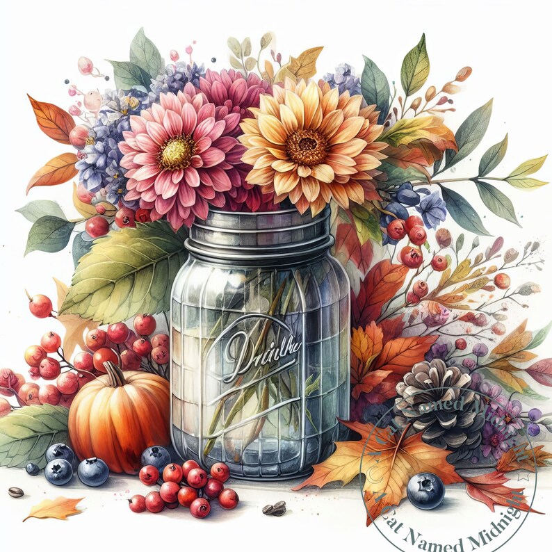 12 Autumn Mason Jar Flowers Clipart Shabby Chic Floral Watercolor ...