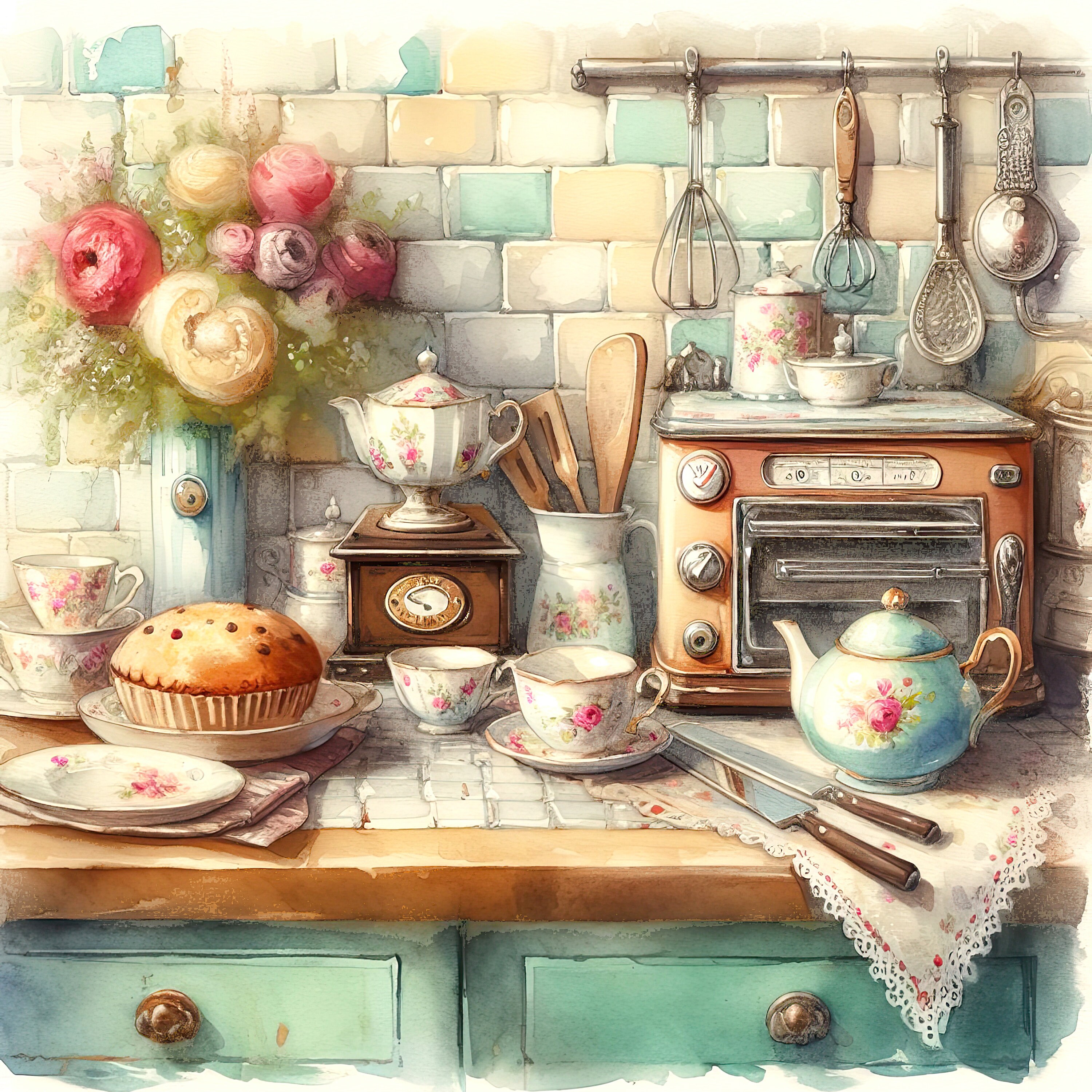 Watercolor Shabby Chic Kitchen Clipart Cottage Kitchen Counters Vintage ...