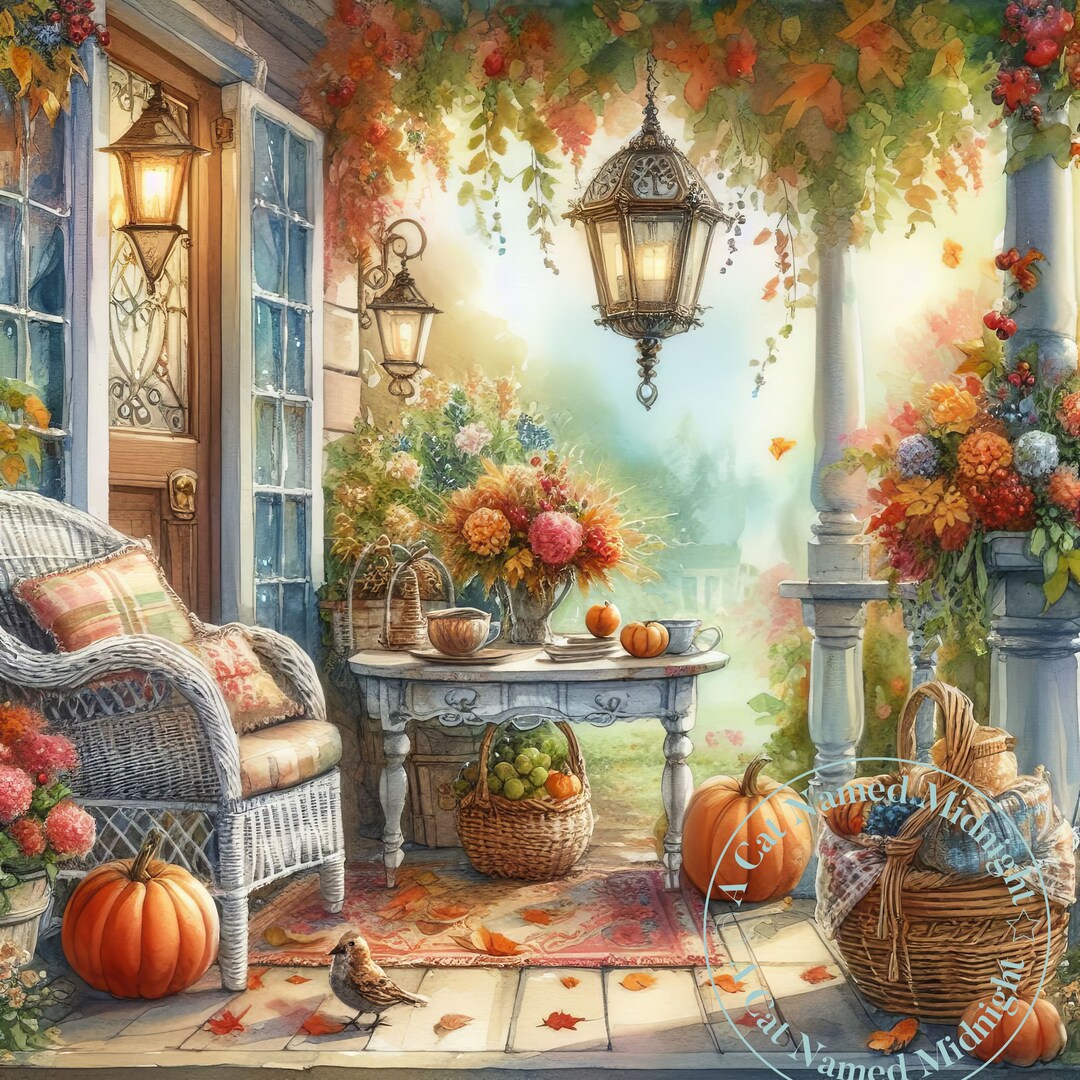 10 Autumn Shabby Chic Porch Clipart Vintage Fall Clip Art Watercolor ...