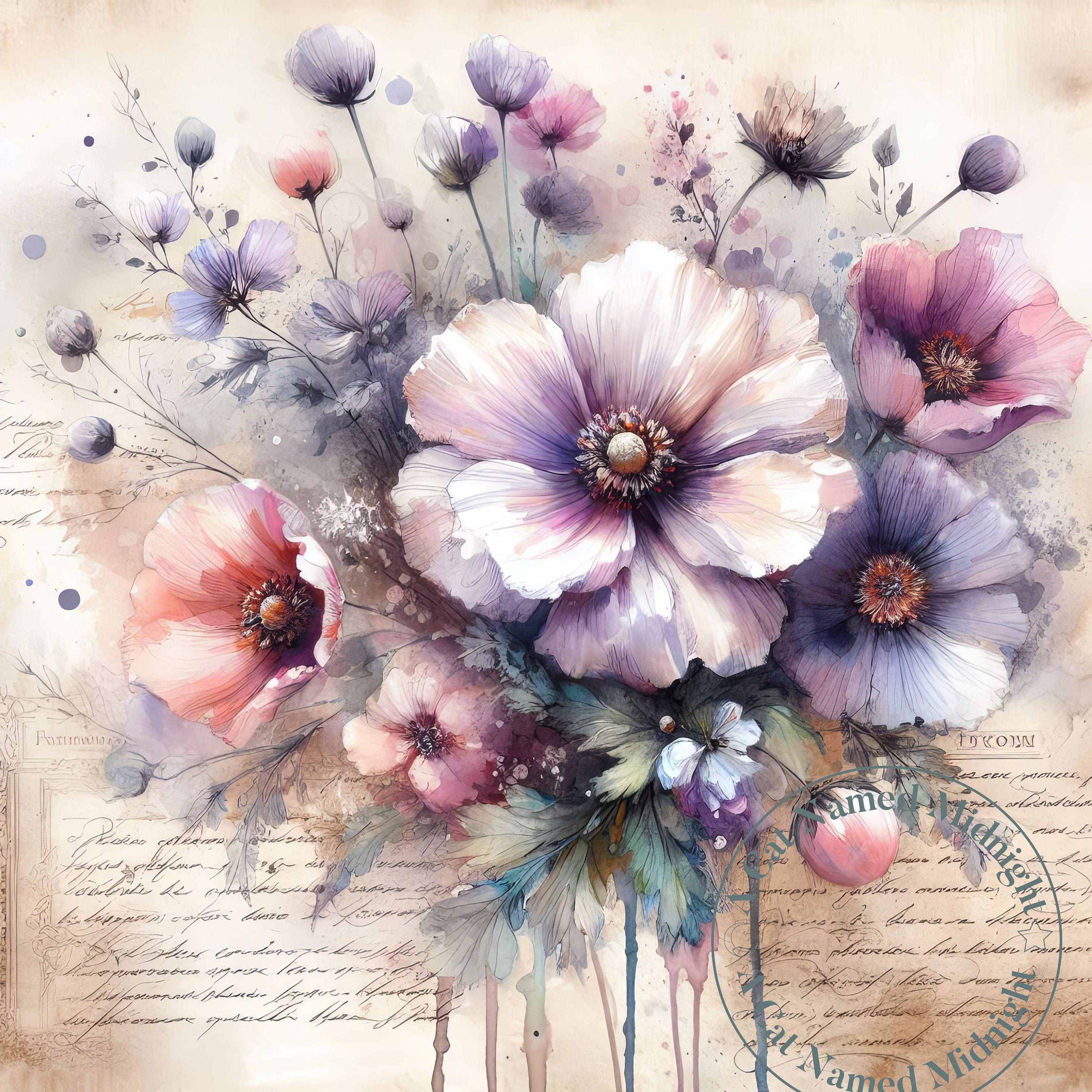 15 Shabby Chic Flowers on an Old Letter Clipart Floral Watercolor ...
