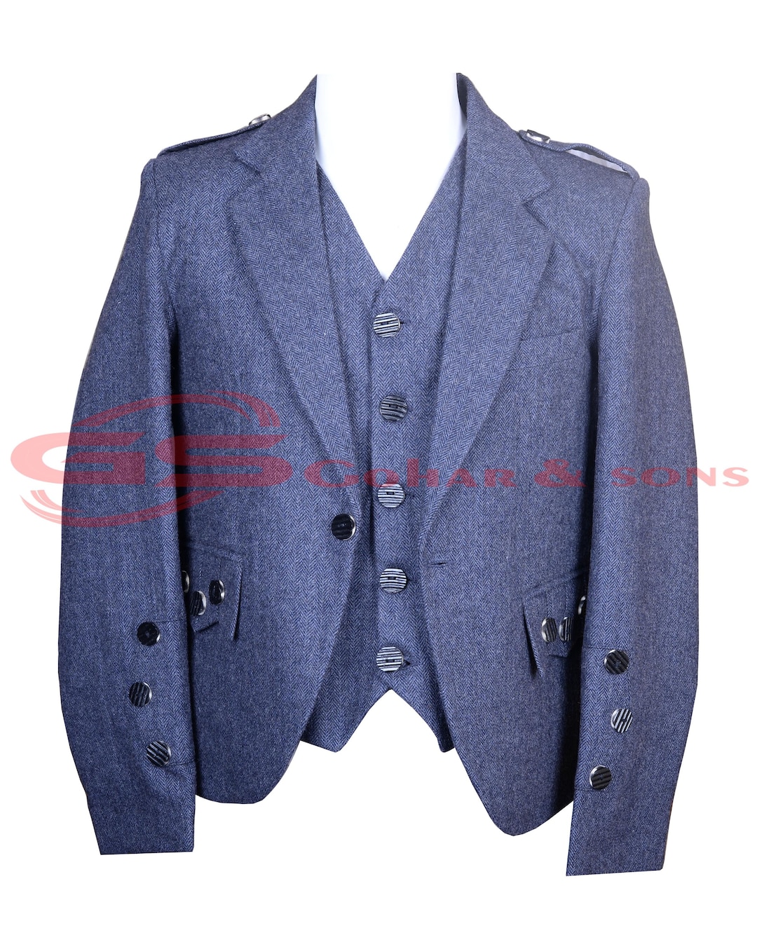 Men's Blue Tweed Argyll Kilt Jacket and Waistcoat Set for Weddings ...