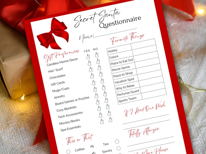 Gift Exchange| Secret Santa Questionnaire| Company Party Gift Swap ...