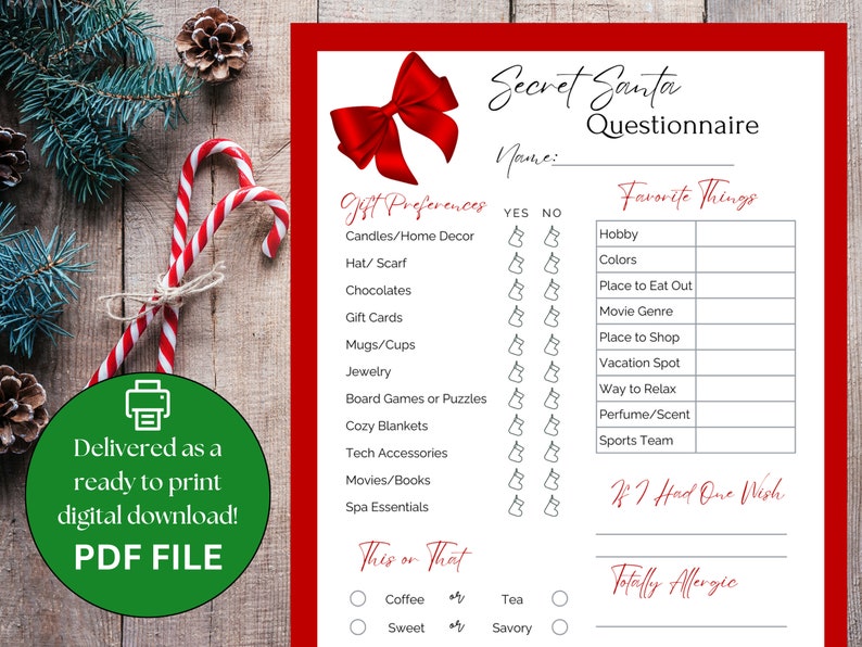 Gift Exchange| Secret Santa Questionnaire| Company Party Gift Swap ...