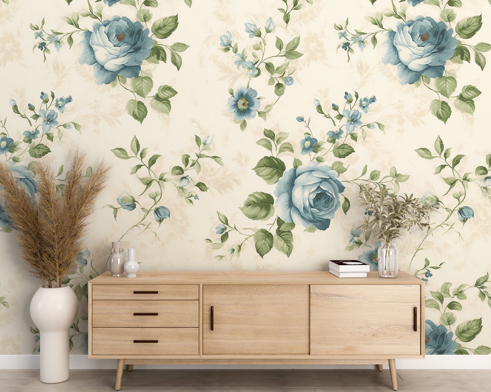 Removable Wallpaper, Blue Floral Green Leaves - Peel & Stick, Reusable ...