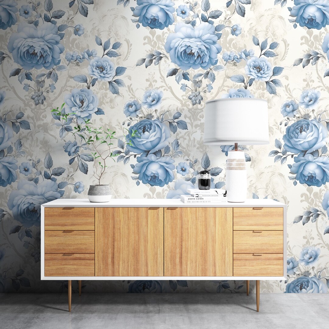 Removable Wallpaper, Blue Rose Floral - Peel & Stick, Reusable, Self ...
