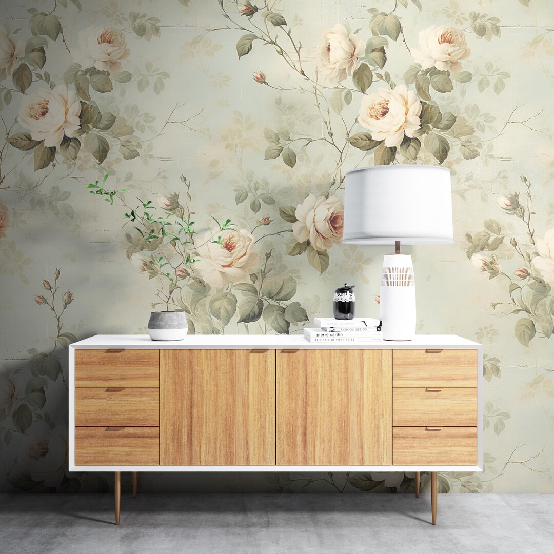 Removable Wallpaper, White and Green Rose Floral - Peel & Stick ...