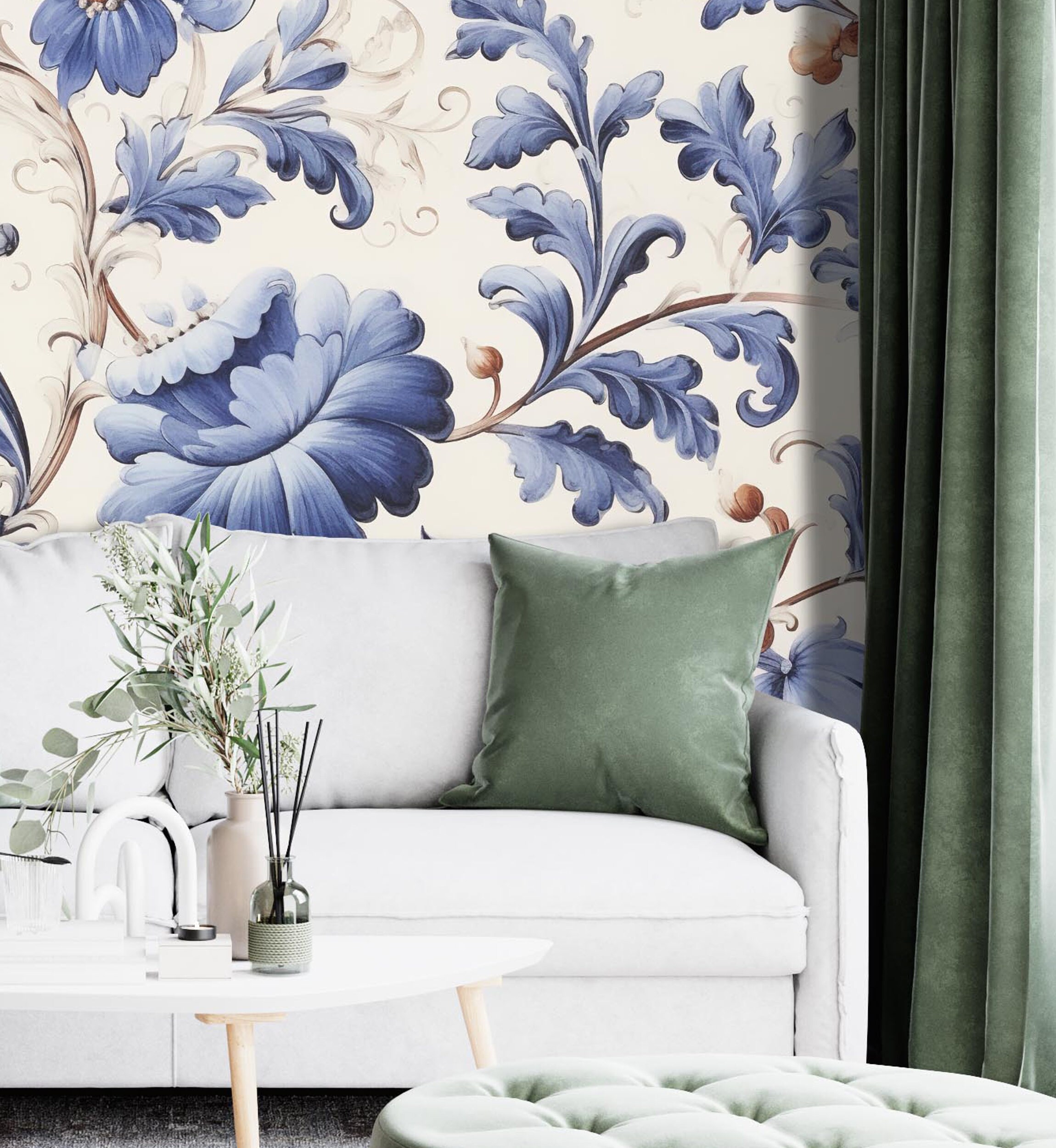 Removable Wallpaper, Blue and White Floral - Peel & Stick, Reusable ...