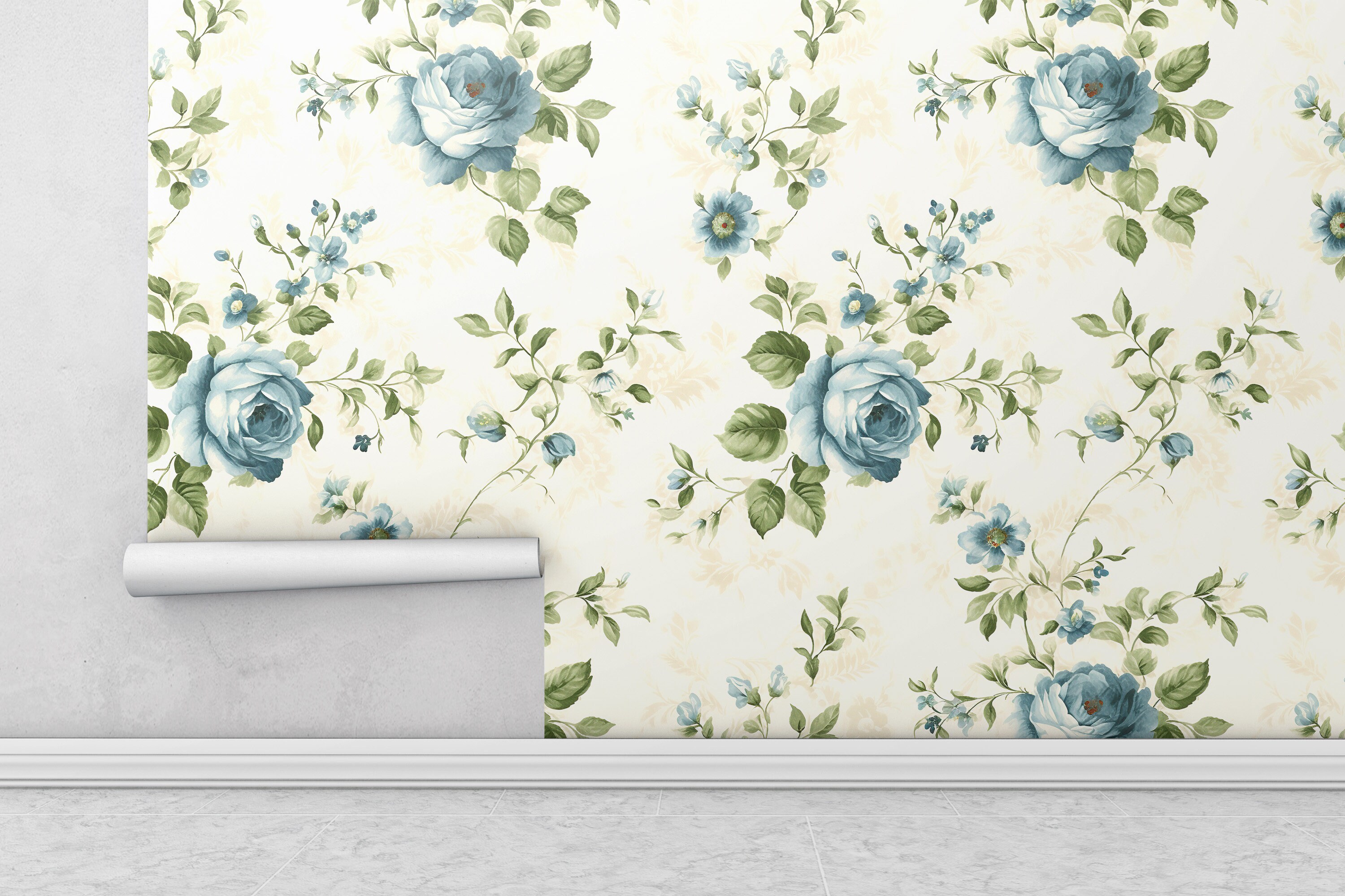Removable Wallpaper, Blue Floral Green Leaves - Peel & Stick, Reusable ...