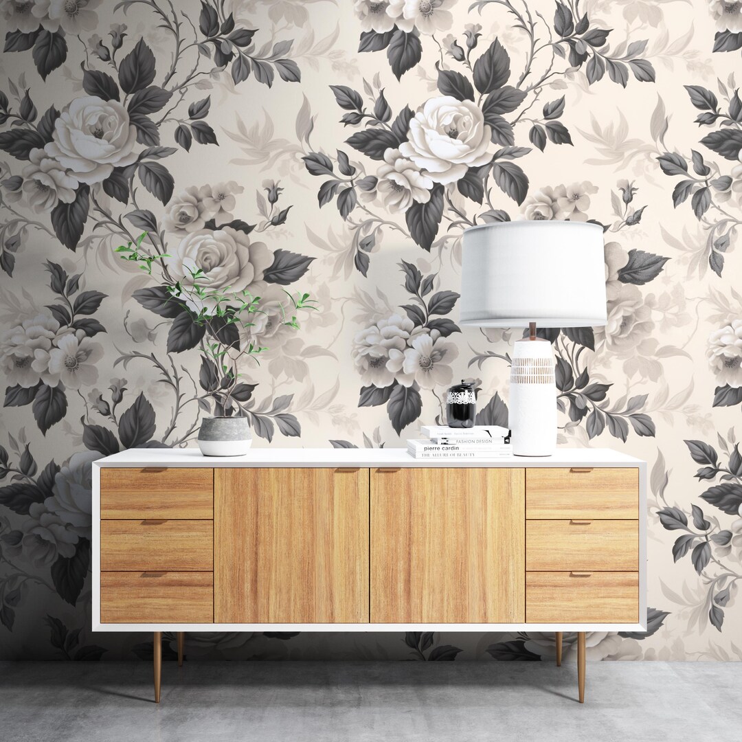 Removable Wallpaper, Dark Rose Floral Wallpaper - Custom Printed, Peel ...
